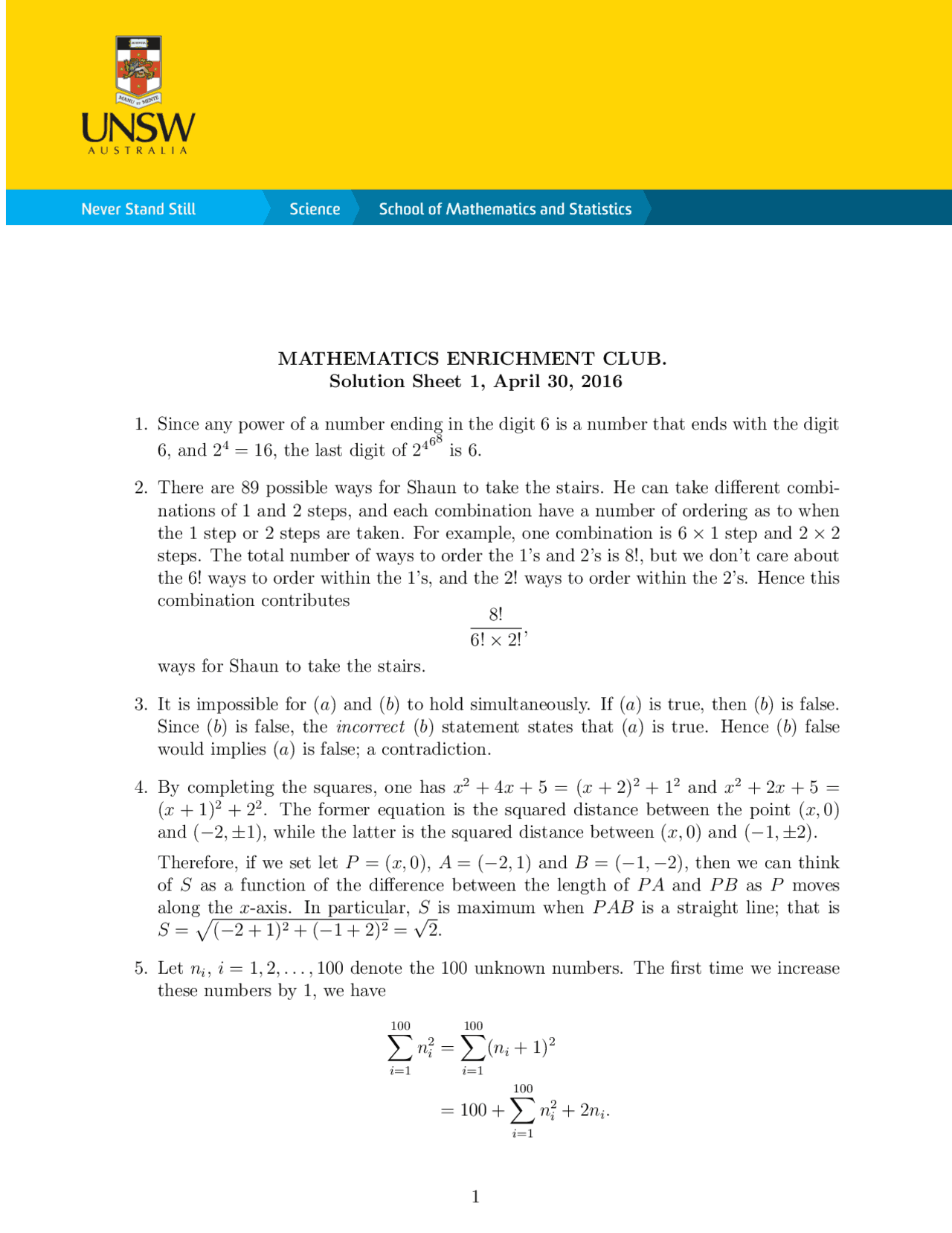 Mathematics Enrichment Club Solution Sheet 1 | Slides Mathematics | Docsity