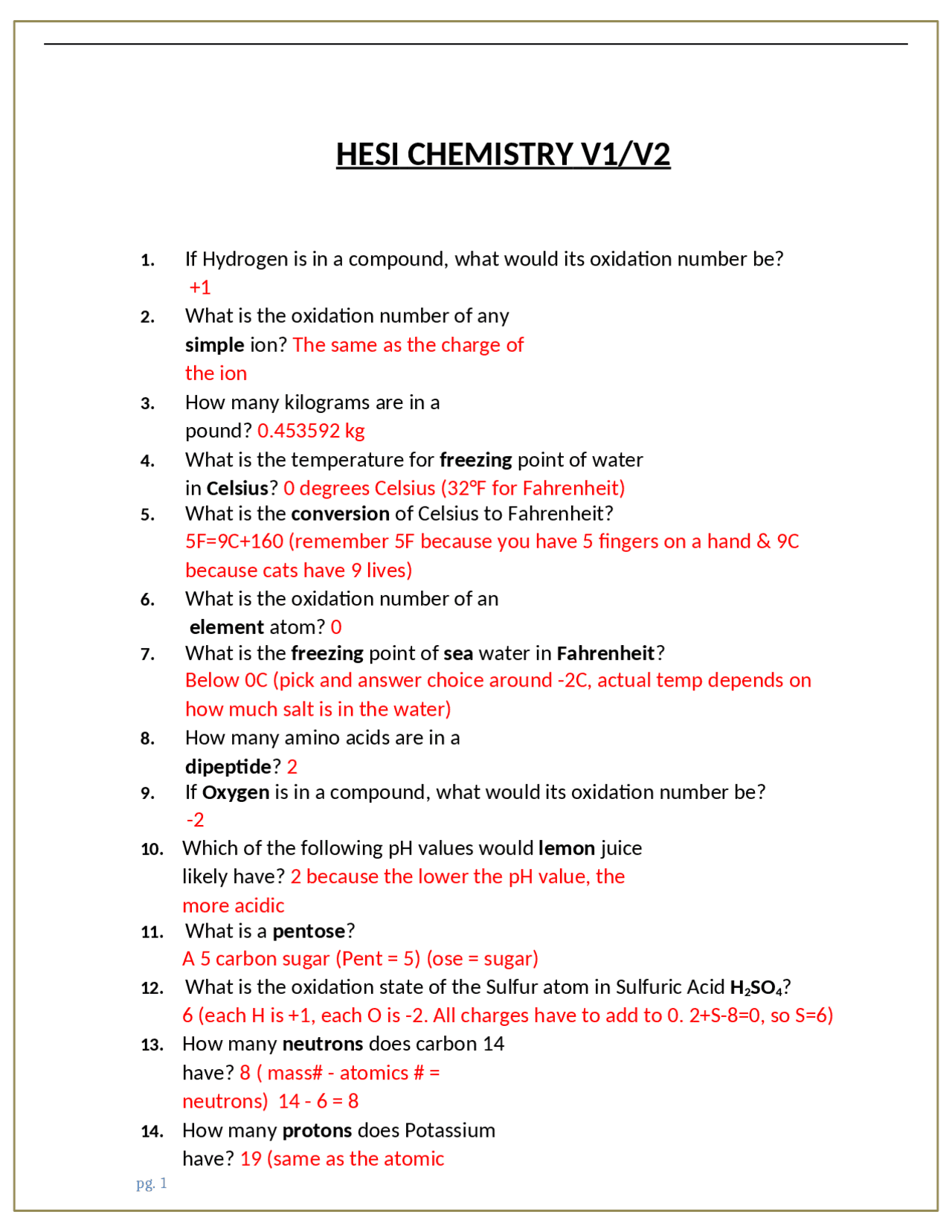 HESI CHEMISTRY V1/V2 | Exams Chemistry | Docsity