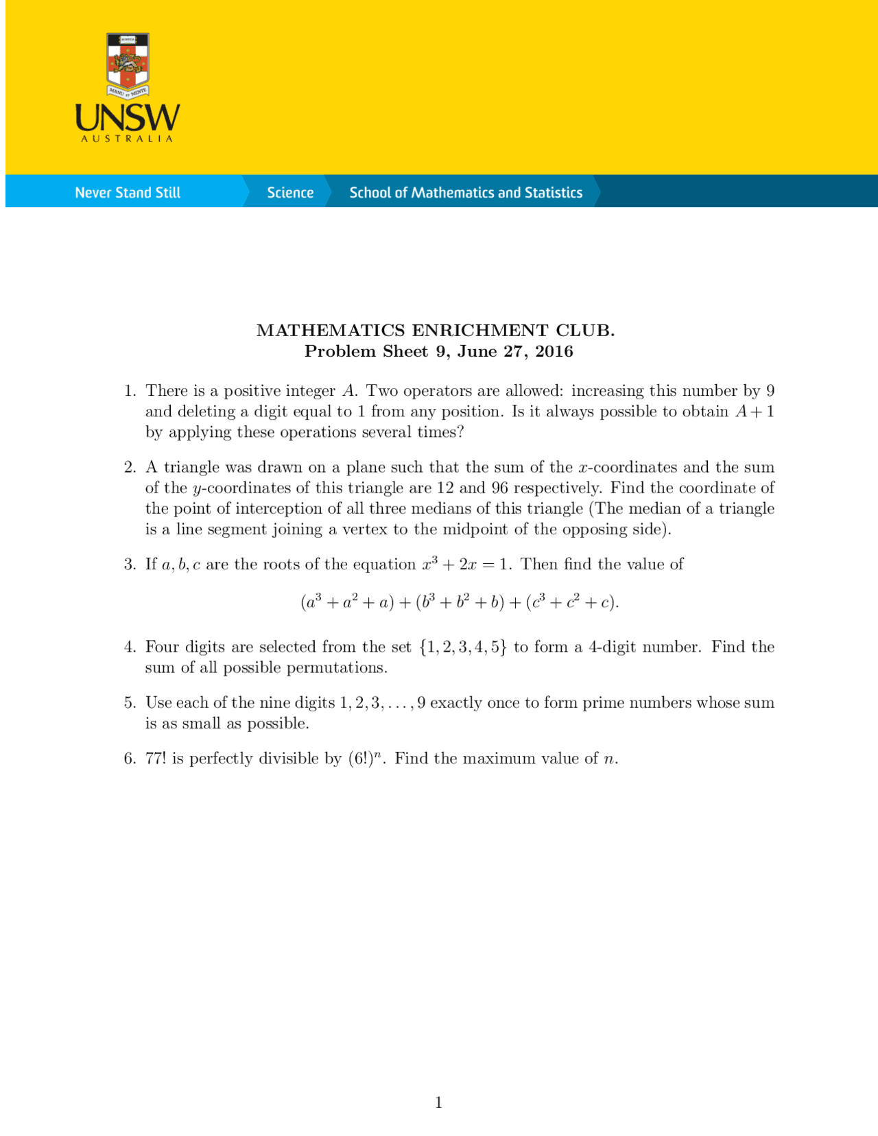 Mathematics Enrichment Club Problem Sheet 9 Summaries Mathematics
