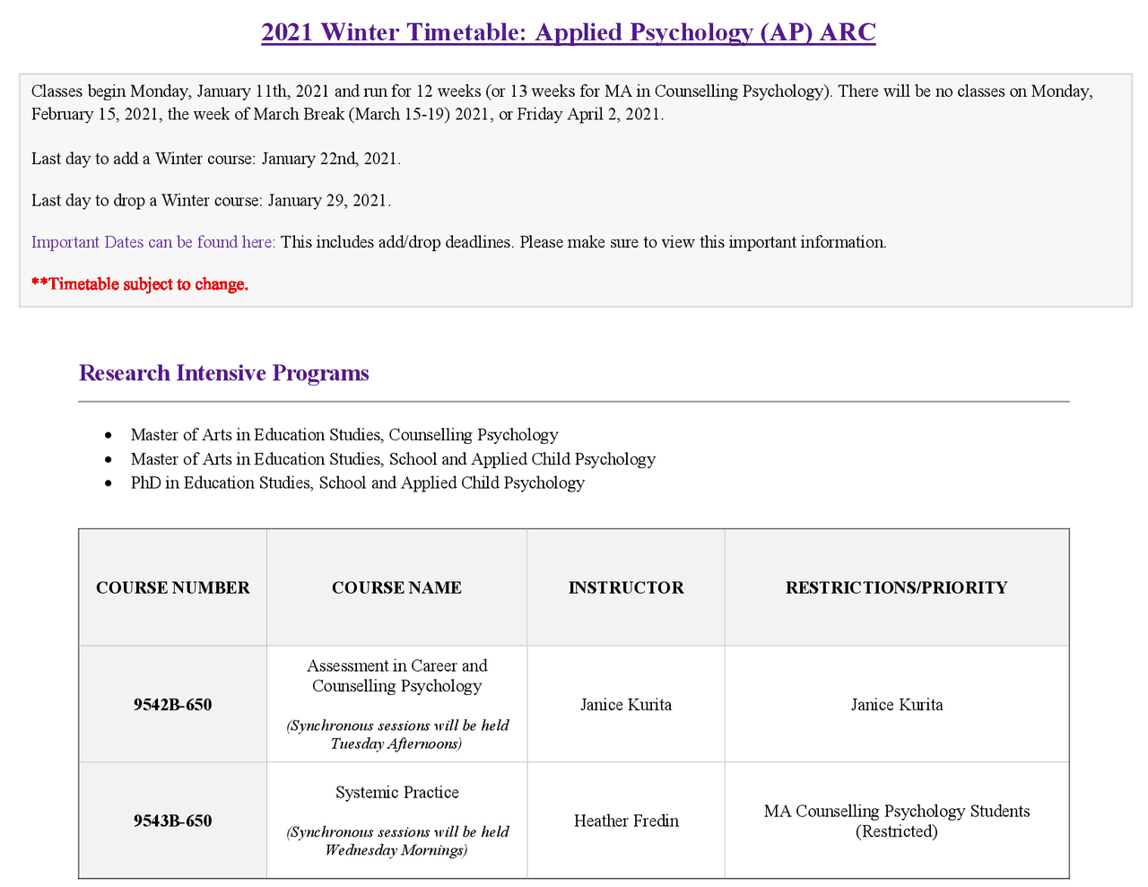Winter Timetable for Applied Psychology Programs | Exams Psychology ...