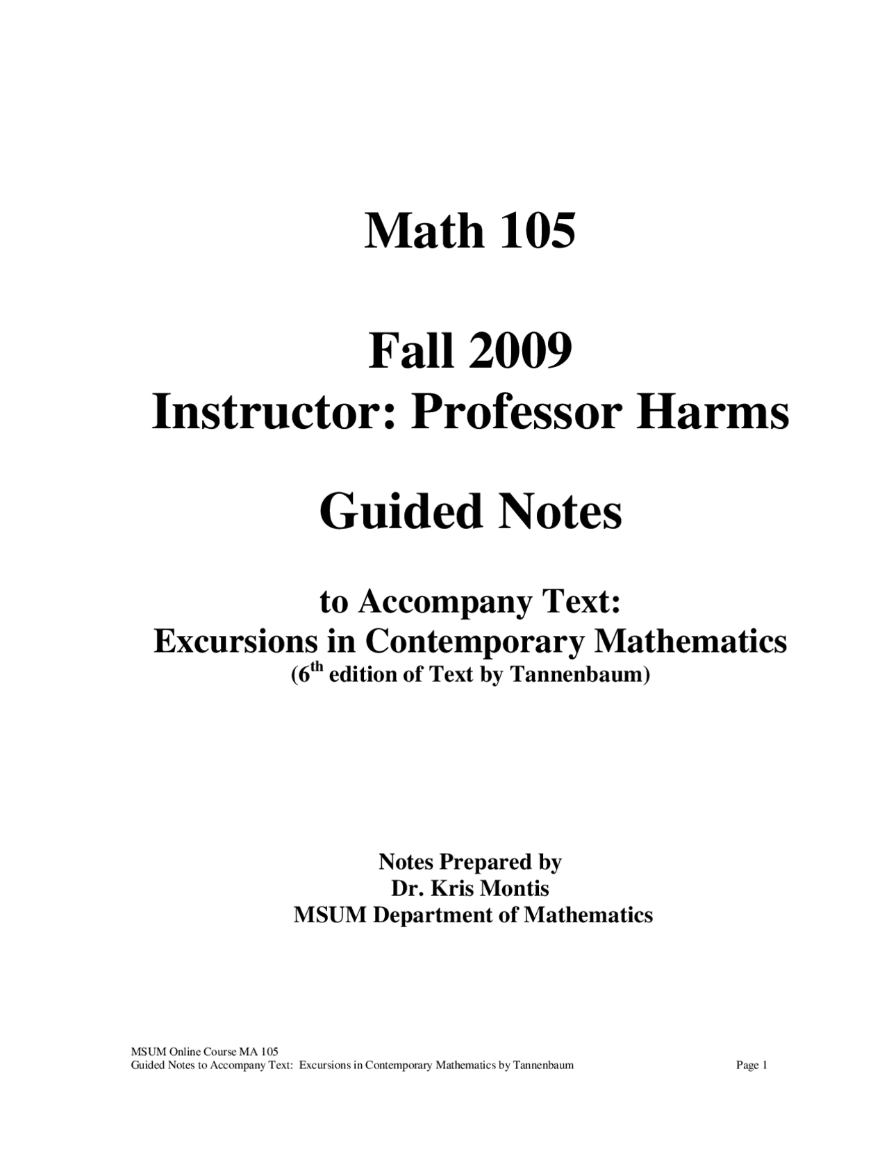 Math 105 Fall 2009 Instructor: Professor Harms Guided Notes | Study ...