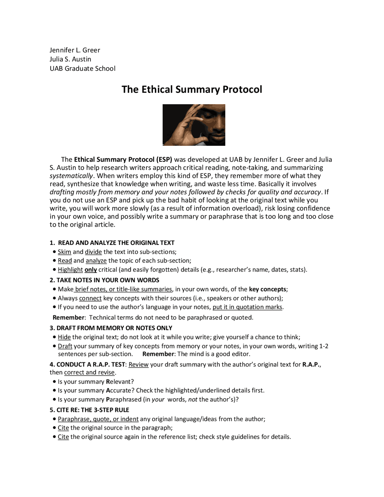 The Ethical Summary Protocol for Research Writers | Exams Ethics | Docsity