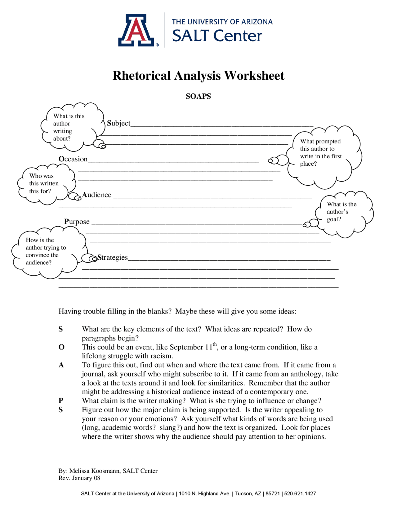 Rhetorical Analysis Worksheet | SALT Center | Study notes Literature ...