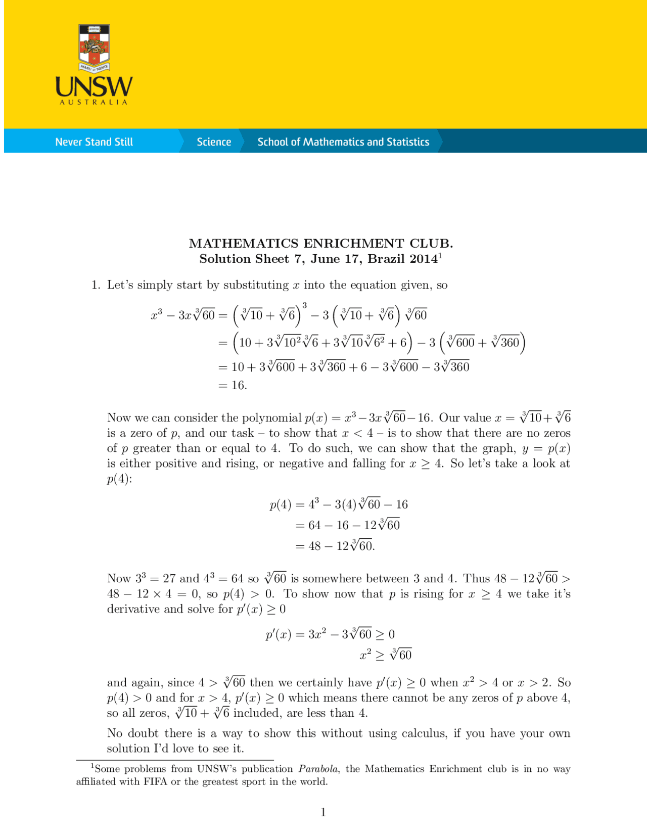 Mathematics Enrichment Club Solution Sheet 7 | Summaries Mathematics | Docsity