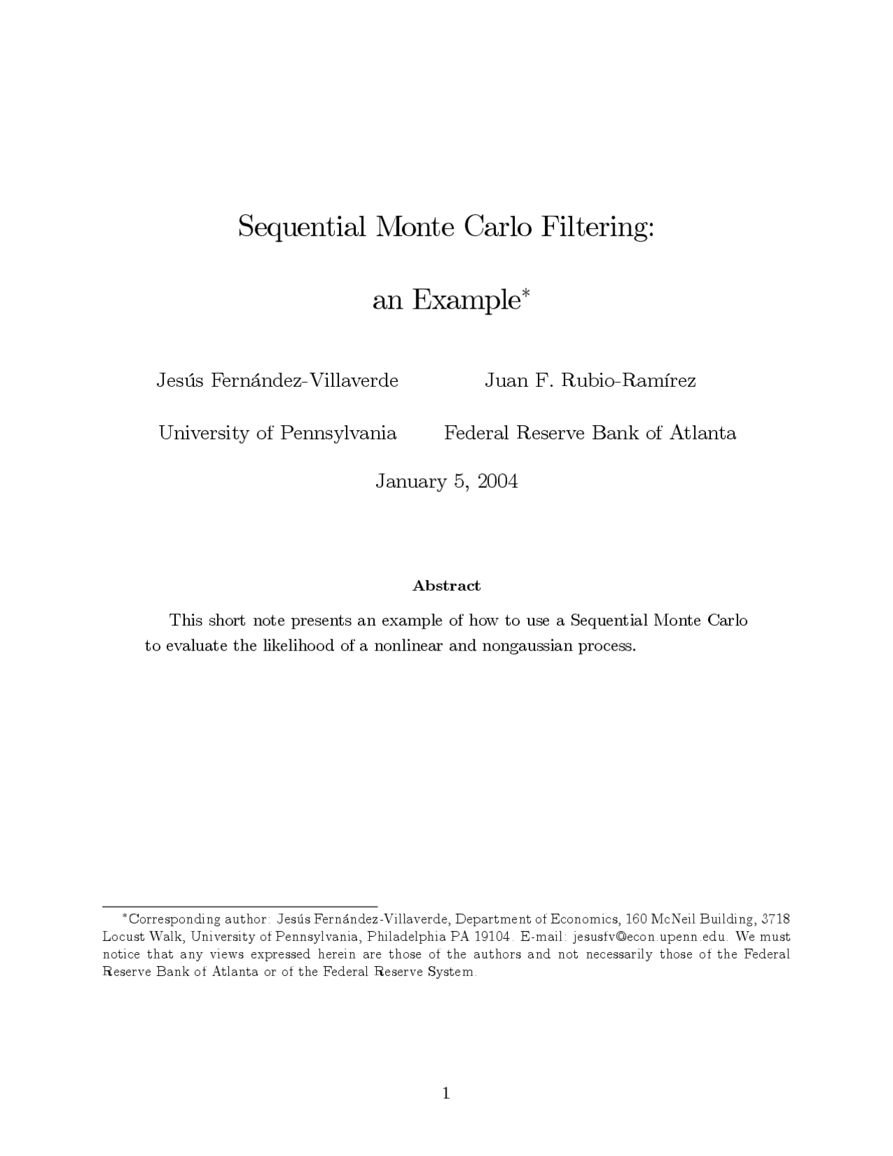 Sequential Monte Carlo Filtering An Example Exercises Calculus Docsity