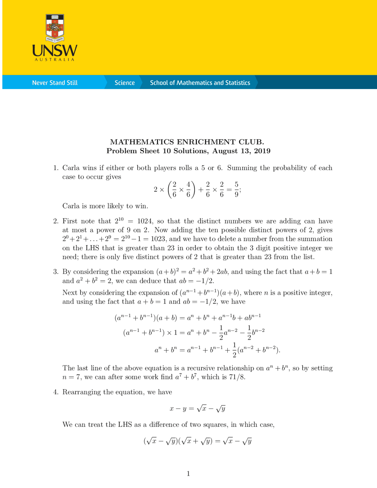 Mathematics Enrichment Club Problem Sheet 10 Solutions Summaries