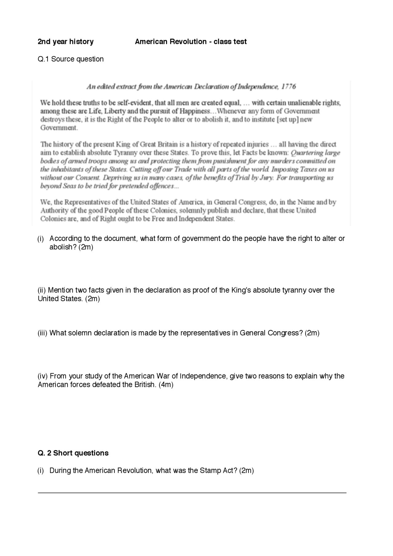 American Revolution Class Test Questions | Summaries American History ...