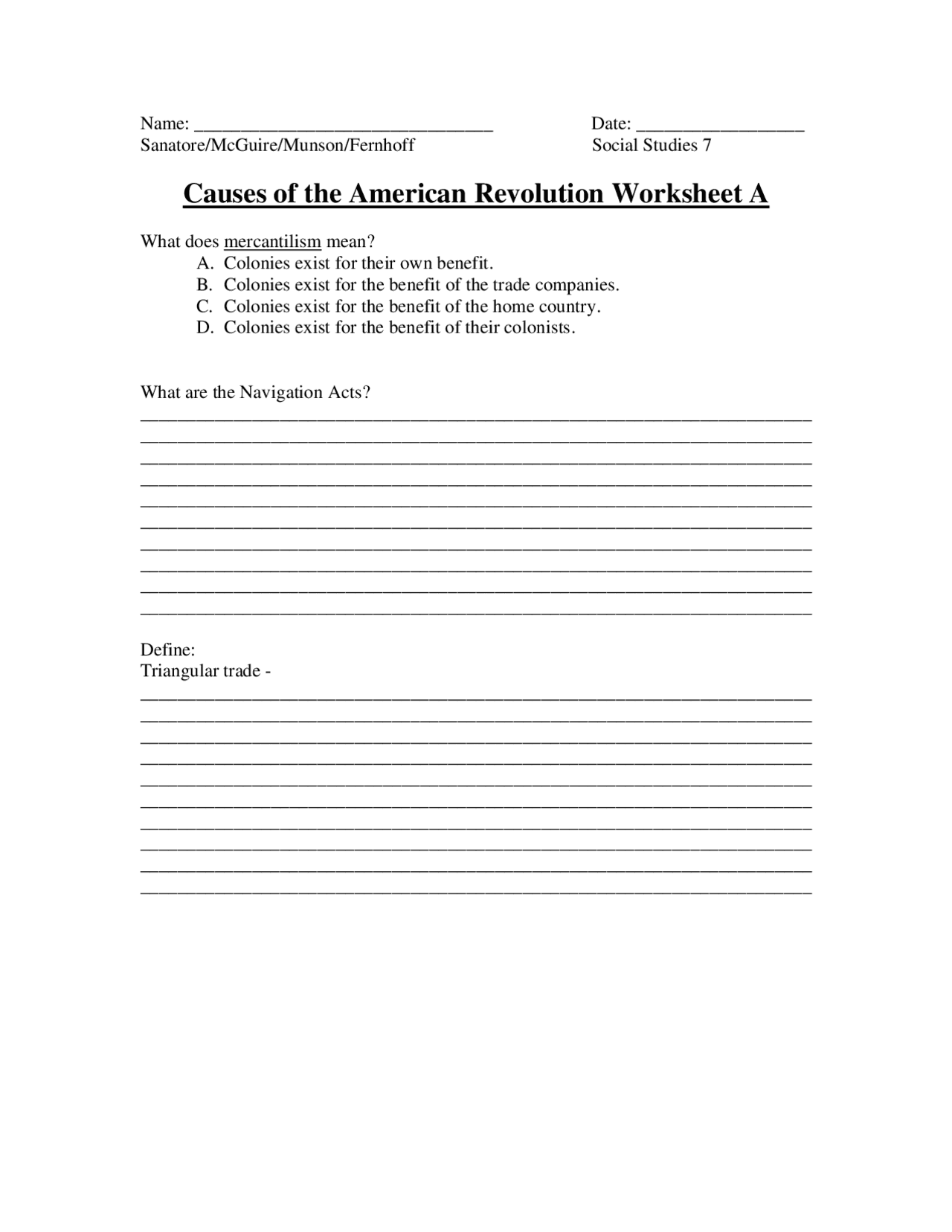 Causes of the American Revolution Worksheet A | Study notes American ...