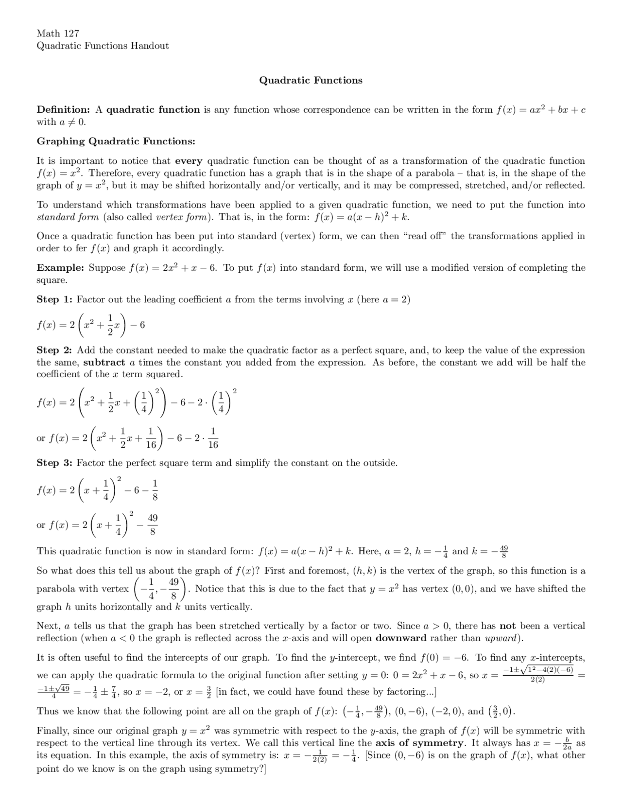 Math 127 Quadratic Functions Handout | Slides Pre-Calculus | Docsity