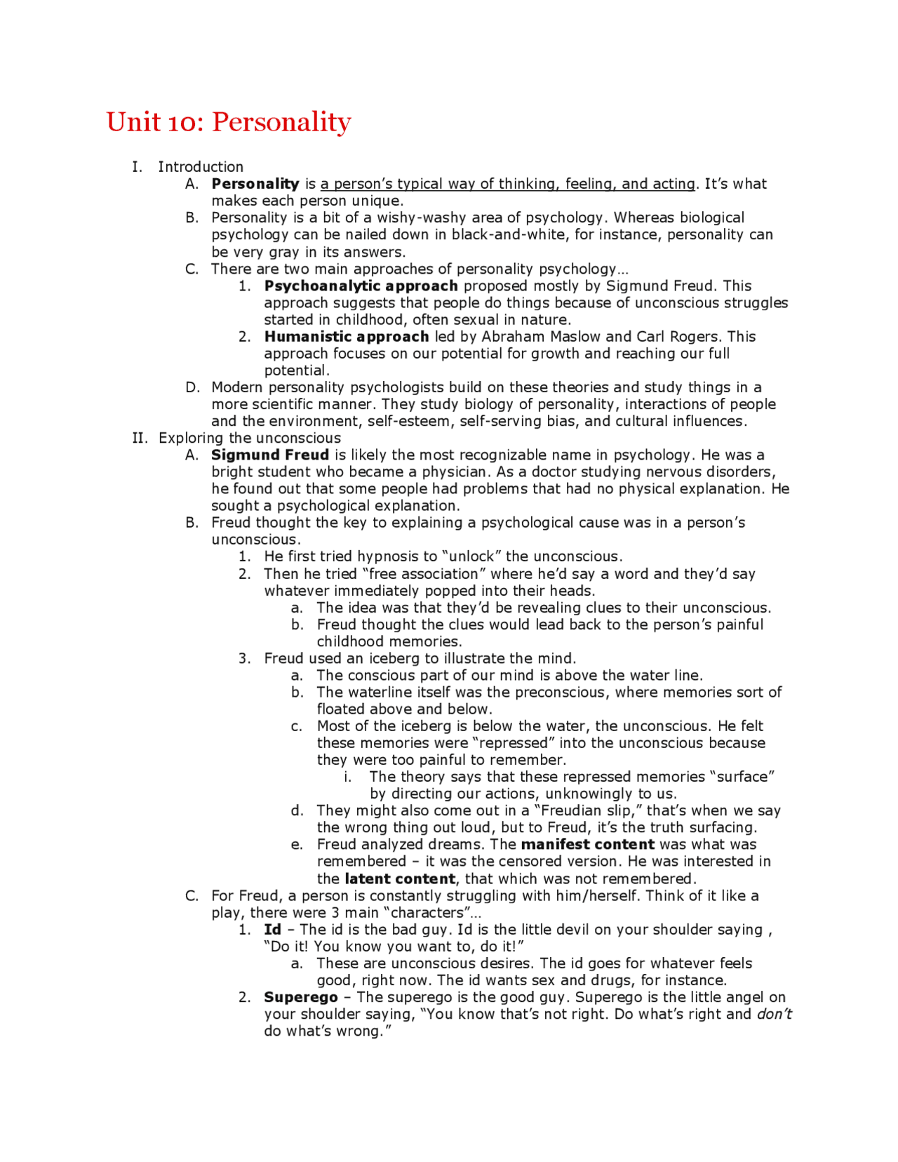 Unit 10 Personality Lecture Notes Personality Psychology Docsity
