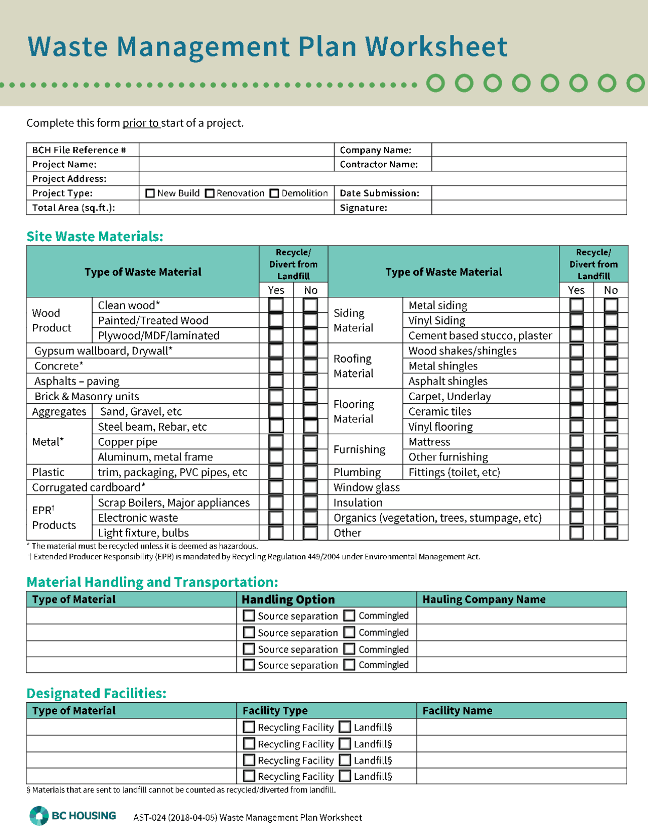 Waste Management Plan Worksheet | Study notes Waste Management | Docsity