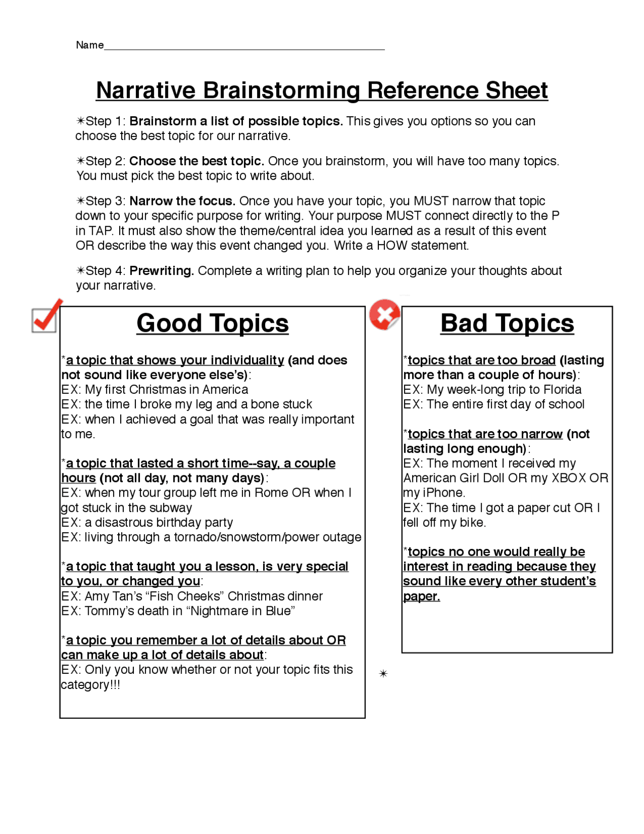 Narrative Brainstorming Reference Sheet | Exams Literature | Docsity