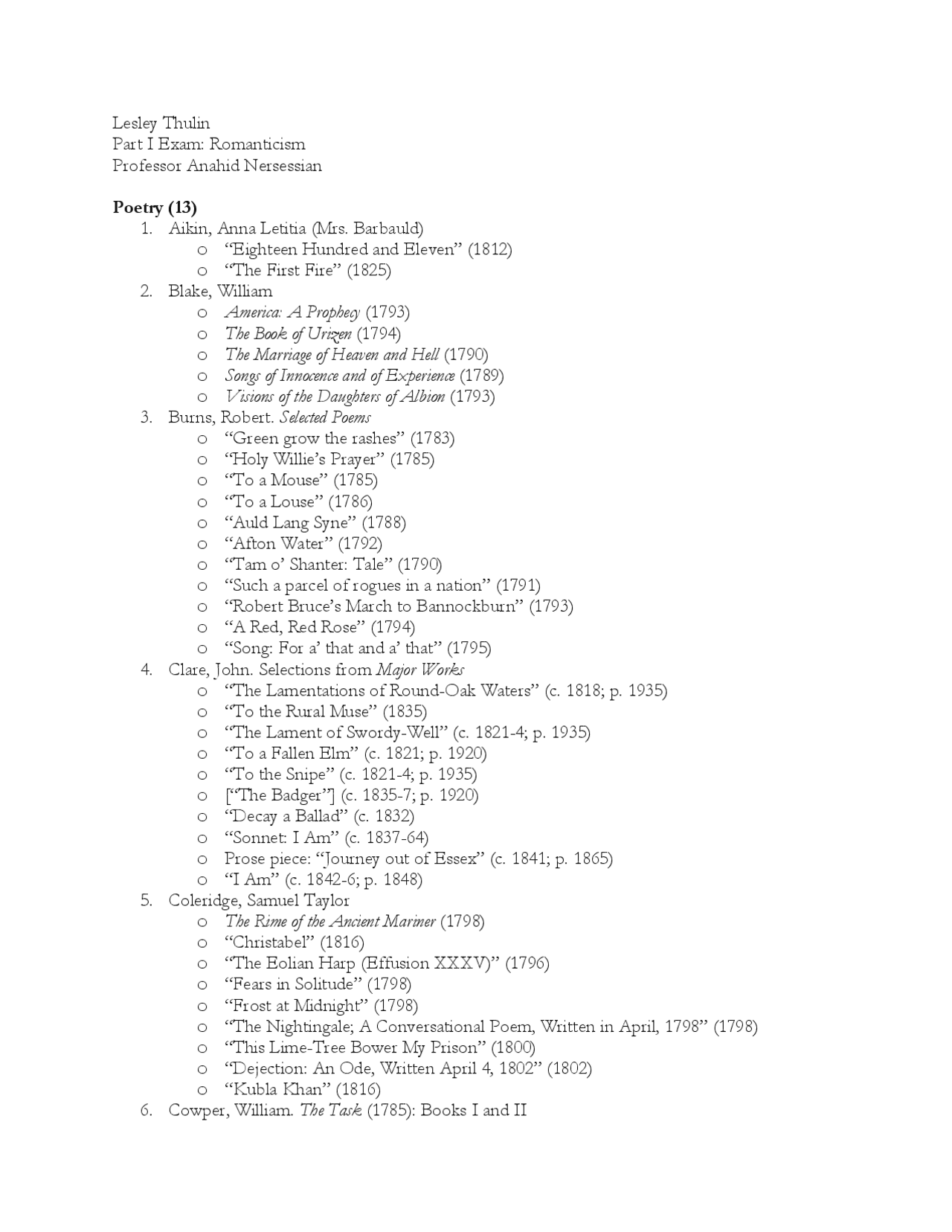 Romanticism Exam Reading List | Summaries Literature | Docsity