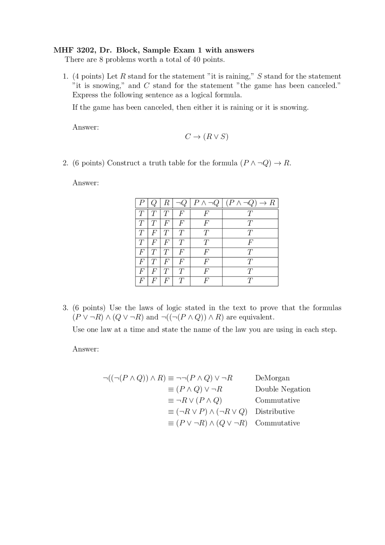 MHF 3202, Dr. Block, Sample Exam 1 with answers | Schemes and Mind Maps Logic | Docsity