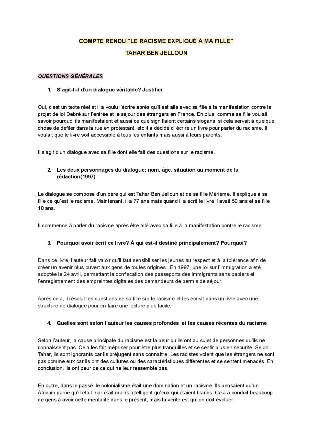 Le Racisme Expliqué a ma fille | Ejercicios de Francés | Docsity