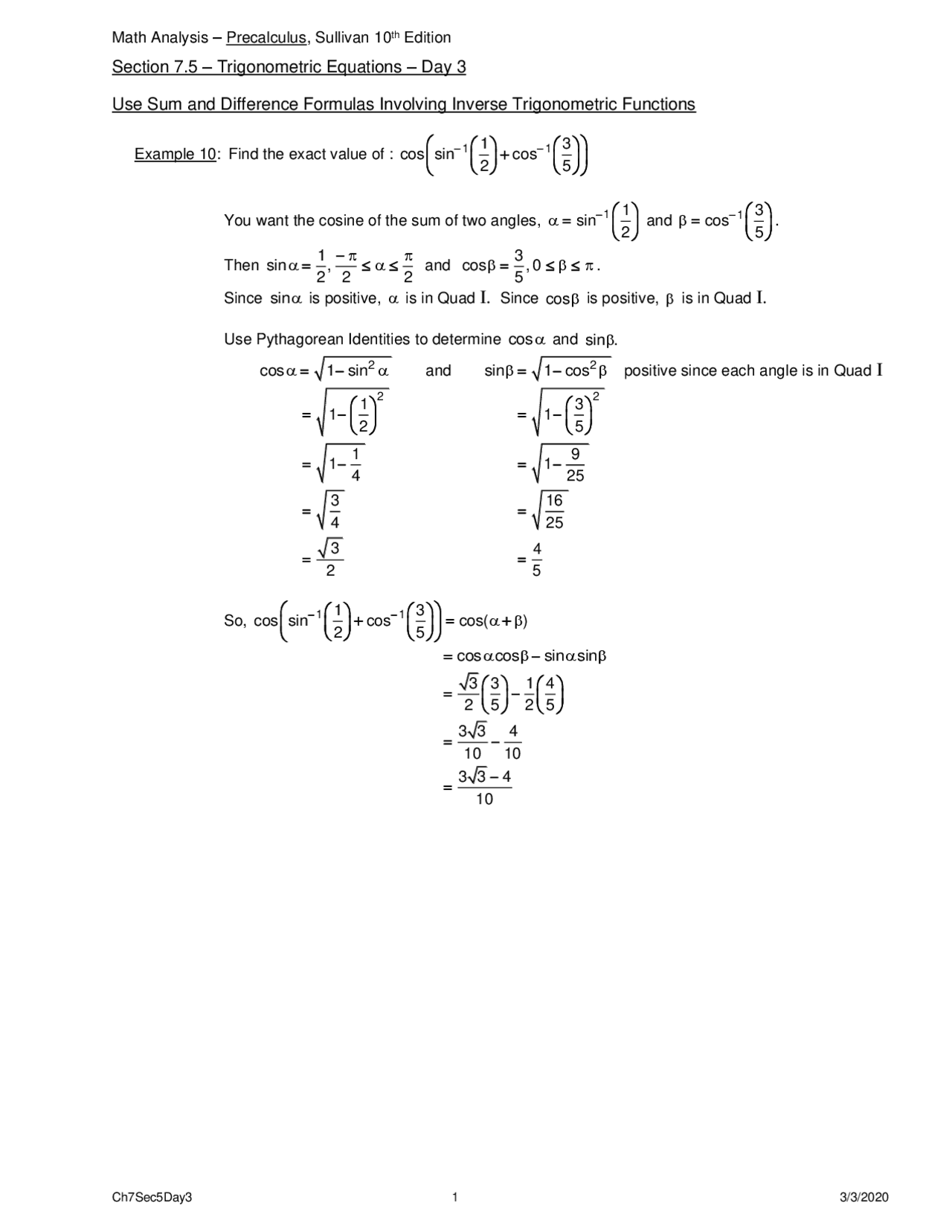 Trigonometric Equations and Sum and Difference Formulas | Study notes ...