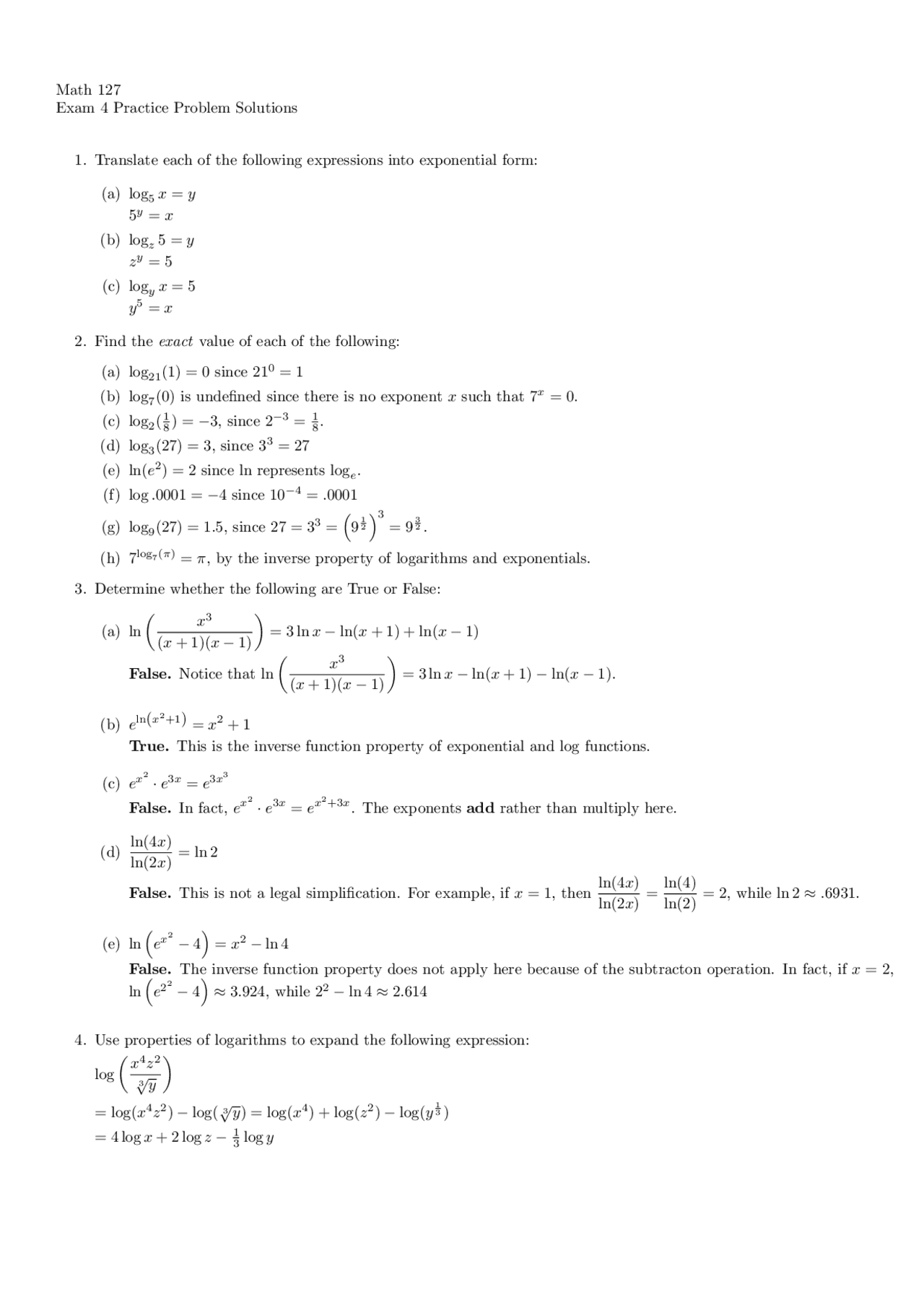 Math 127 Exam 4 Practice Problem Solutions | Slides Pre-Calculus | Docsity