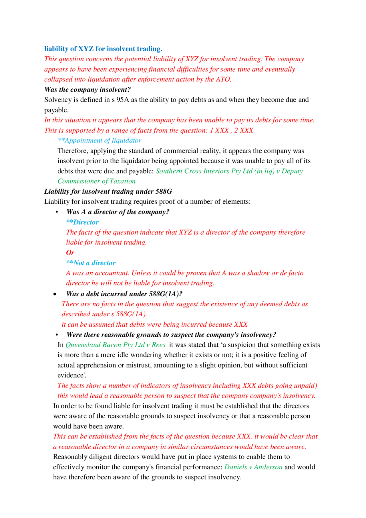 Liability of XYZ for Insolvent Trading | Lecture notes Advanced ...