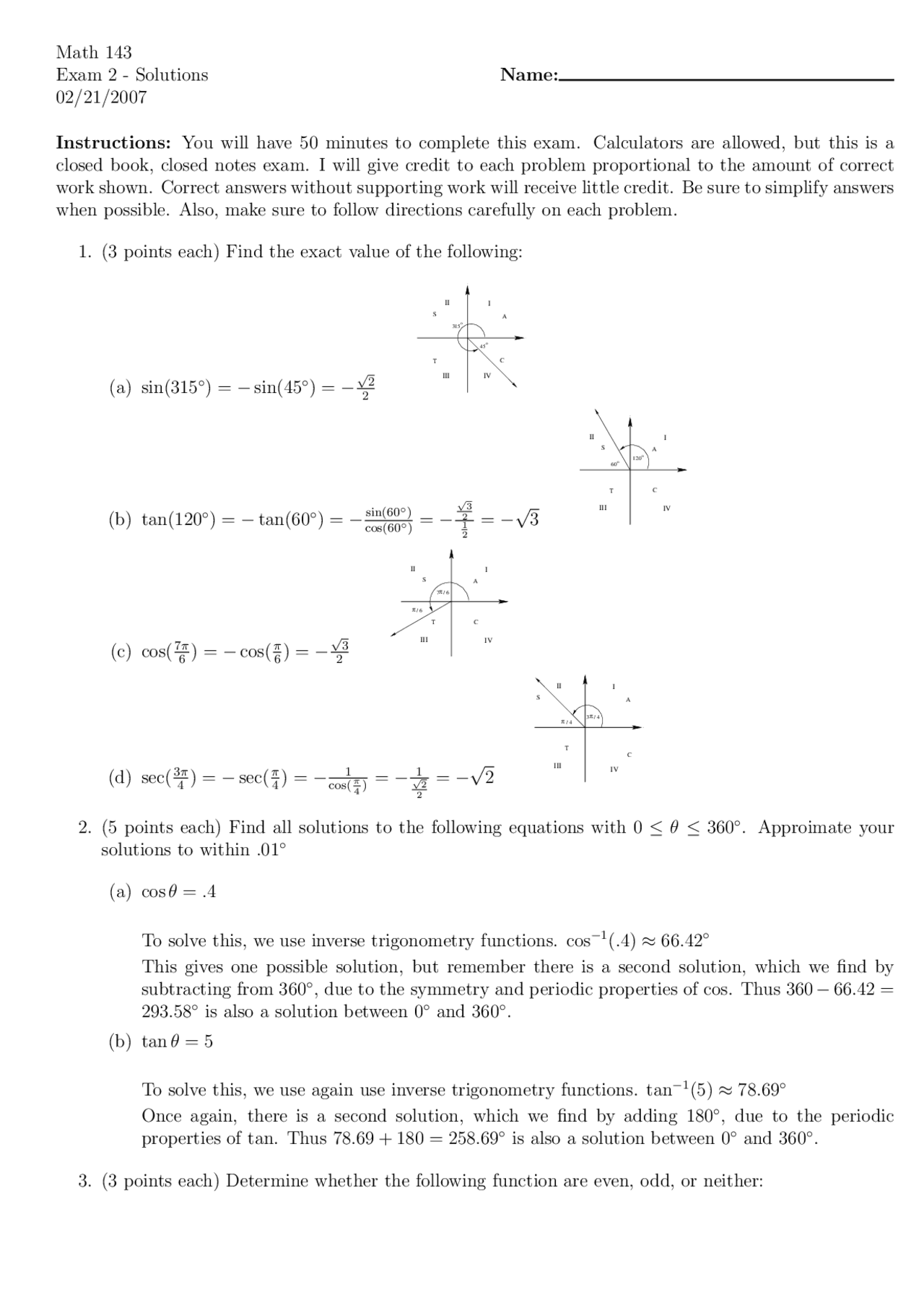 Math 143 Exam 2 Solutions Exercises Trigonometry Docsity
