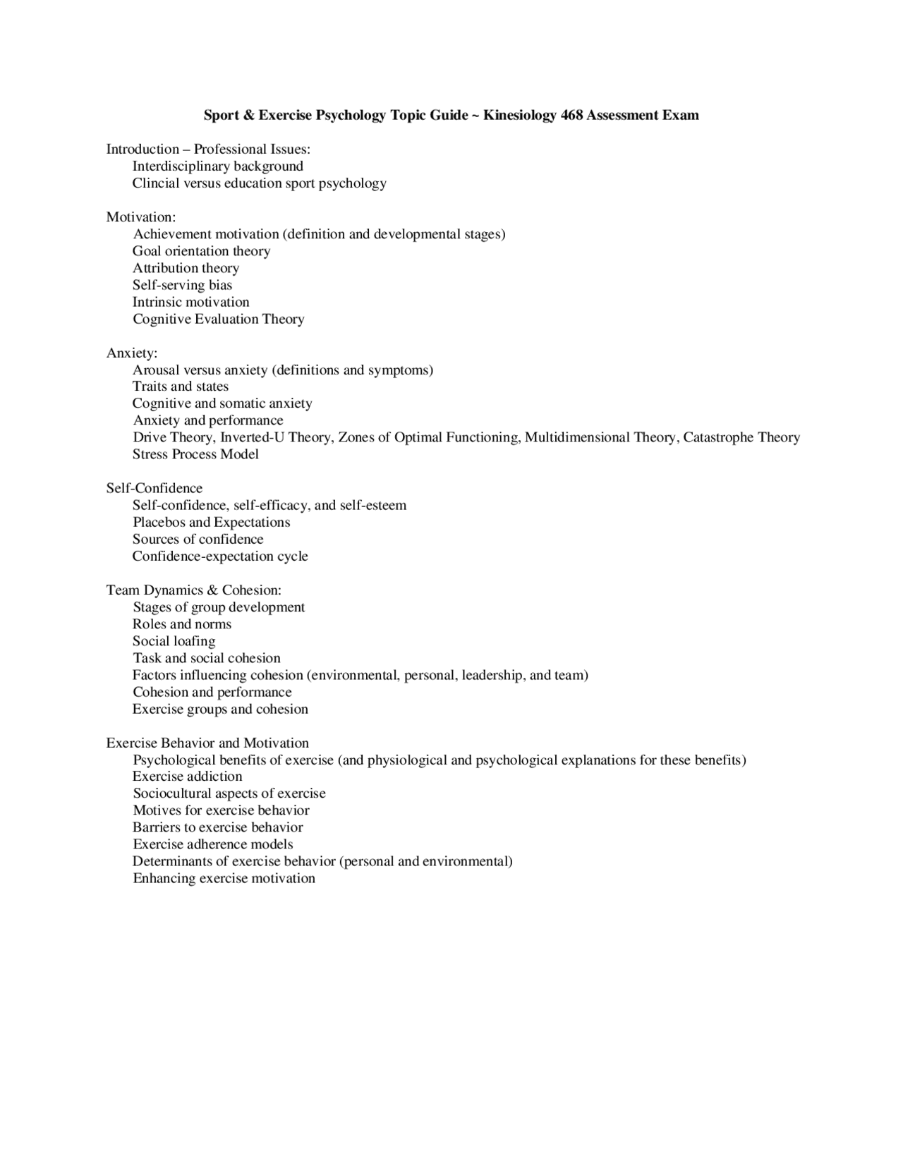 Sport & Exercise Psychology Topic Guide ~ Kinesiology 468 ...
