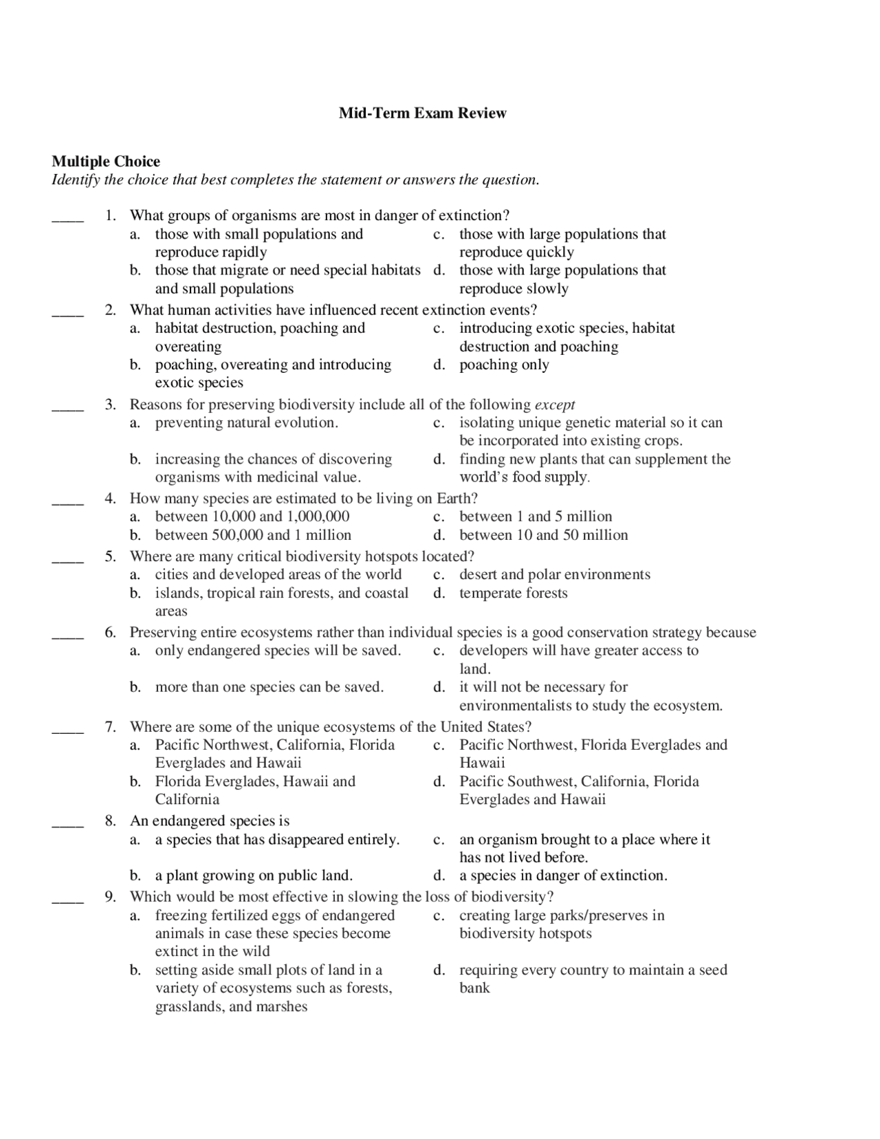 Biodiversity Mid Term Exam Review Exercises Environmental Science Docsity