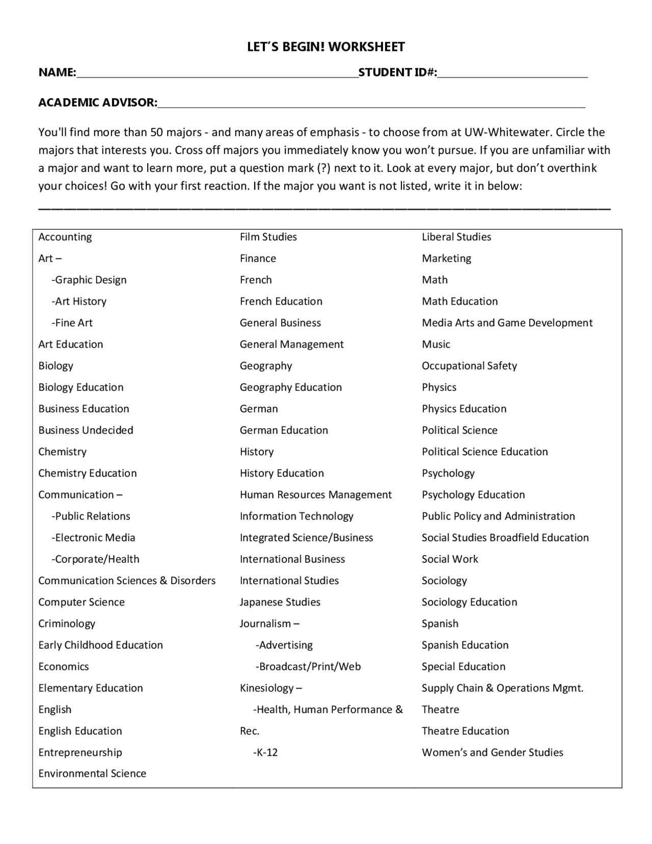 LET'S BEGIN! WORKSHEET You'll find more than 50 majors | Exercises ...