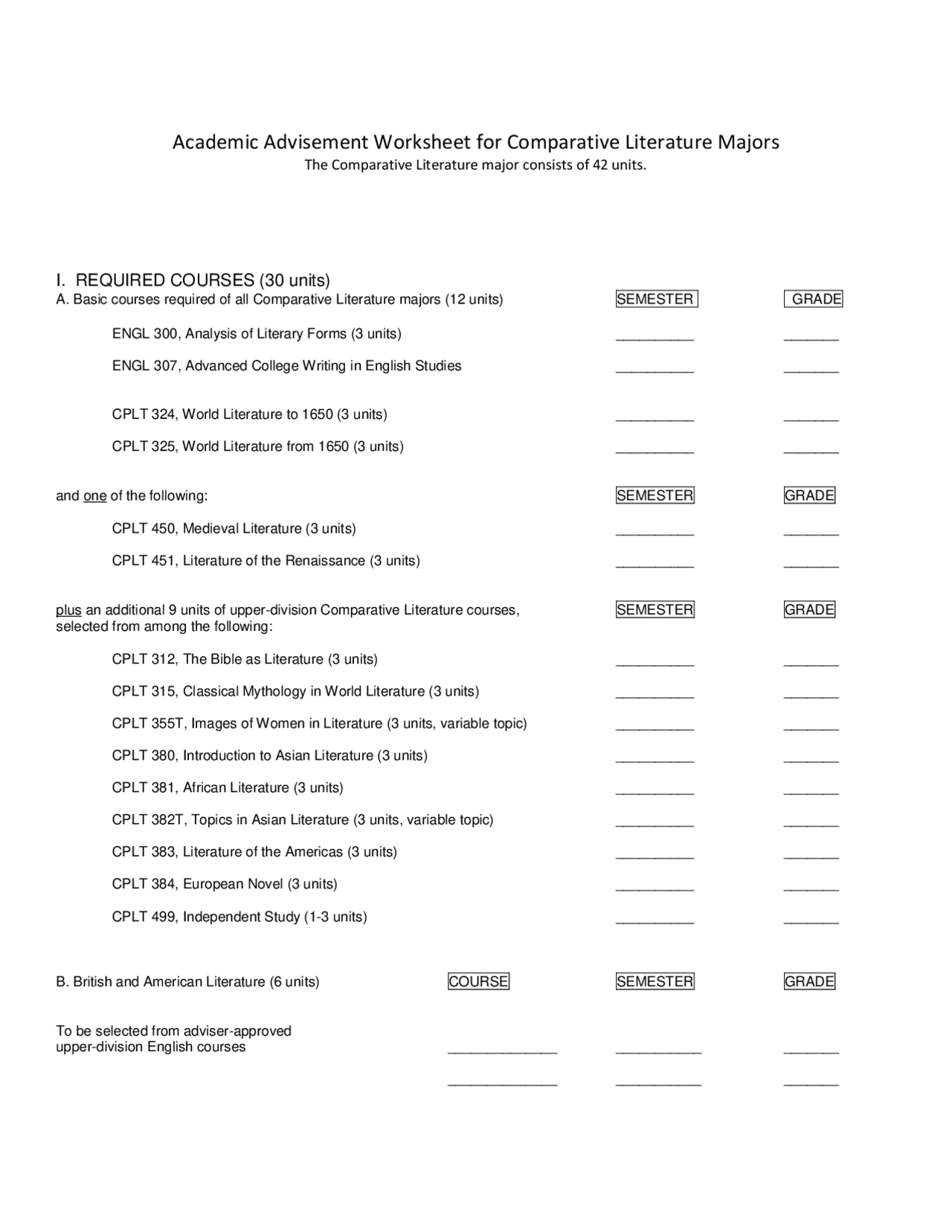 Comparative Literature Major Advisement Worksheet Lecture Notes