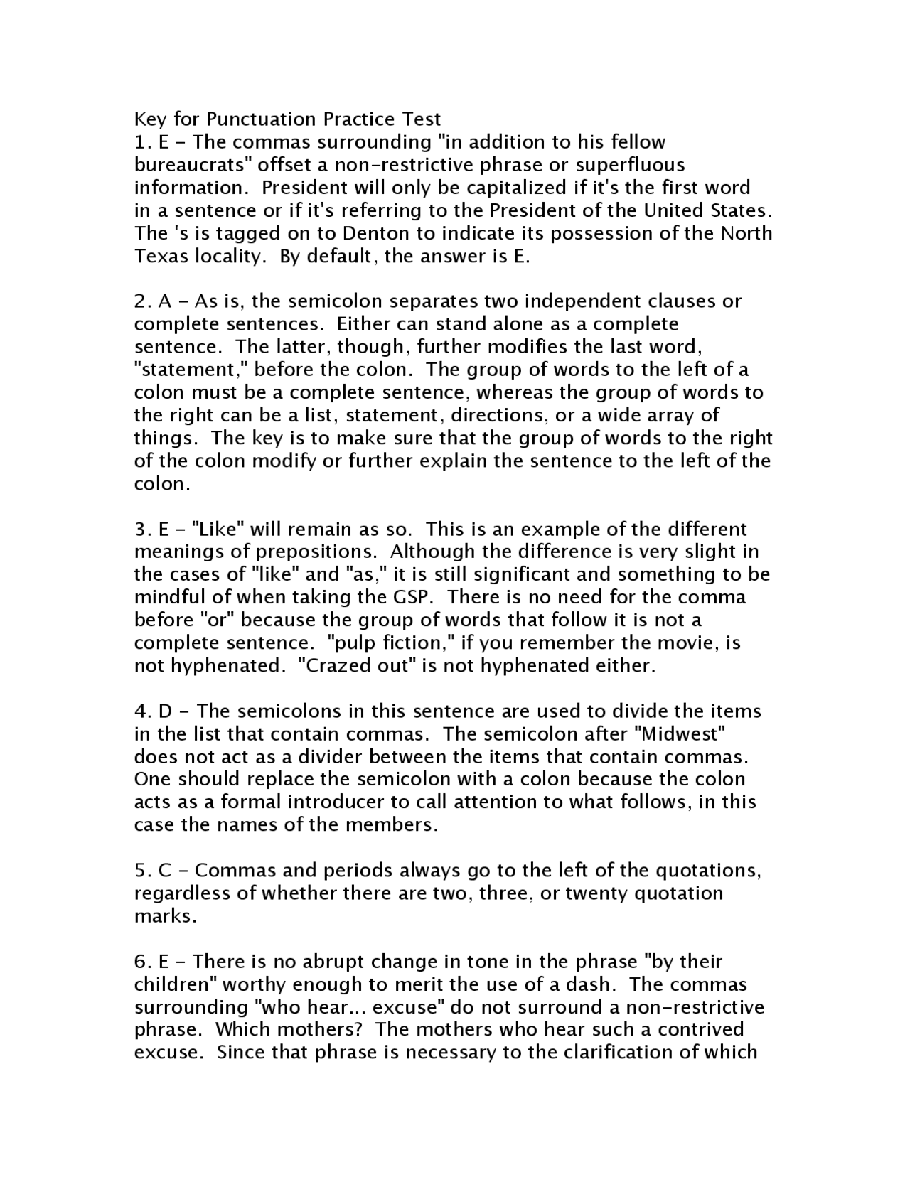 Punctuation Practice Test 1 Key Exercises English Docsity