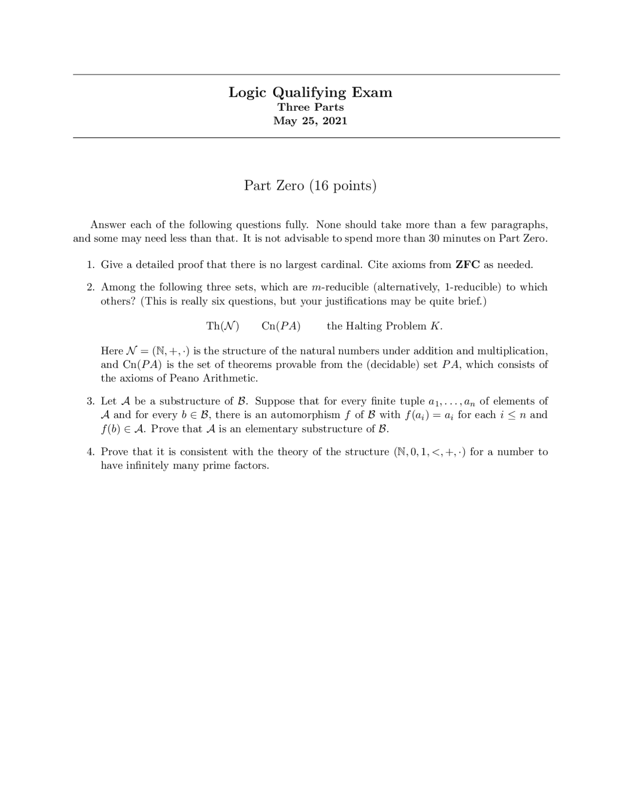 Logic Qualifying Exam Part Zero 16 Points Exams Logic Docsity