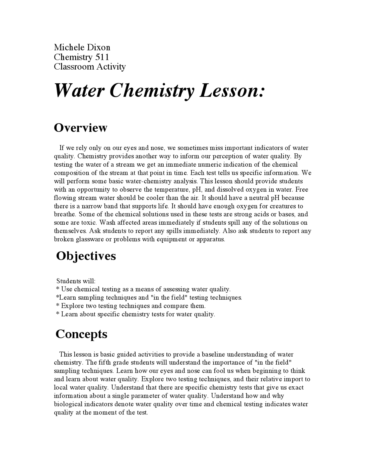 Water Chemistry Lesson: Overview | Exercises Chemistry | Docsity