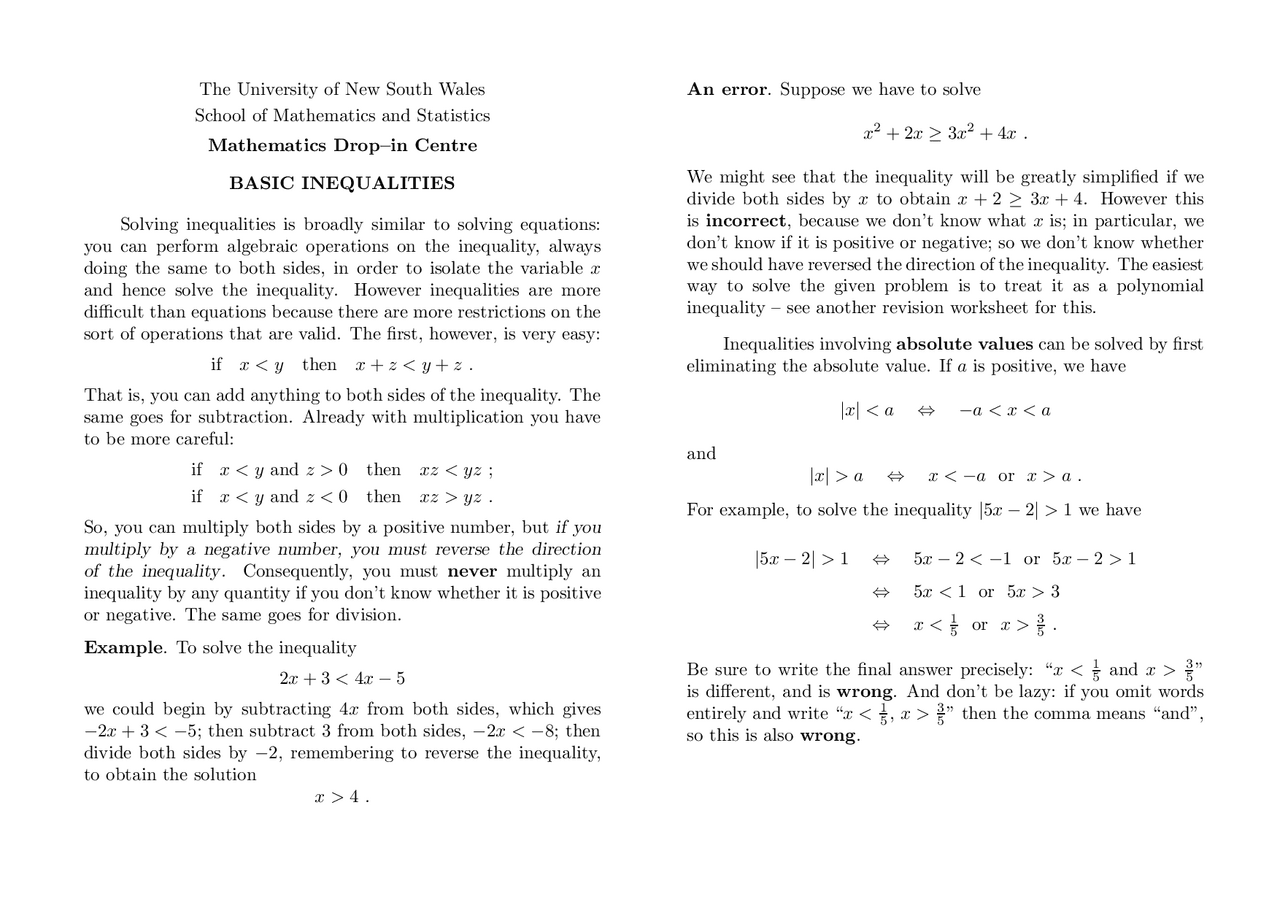 Solving Inequalities Basic Inequalities Exams Mathematics Docsity