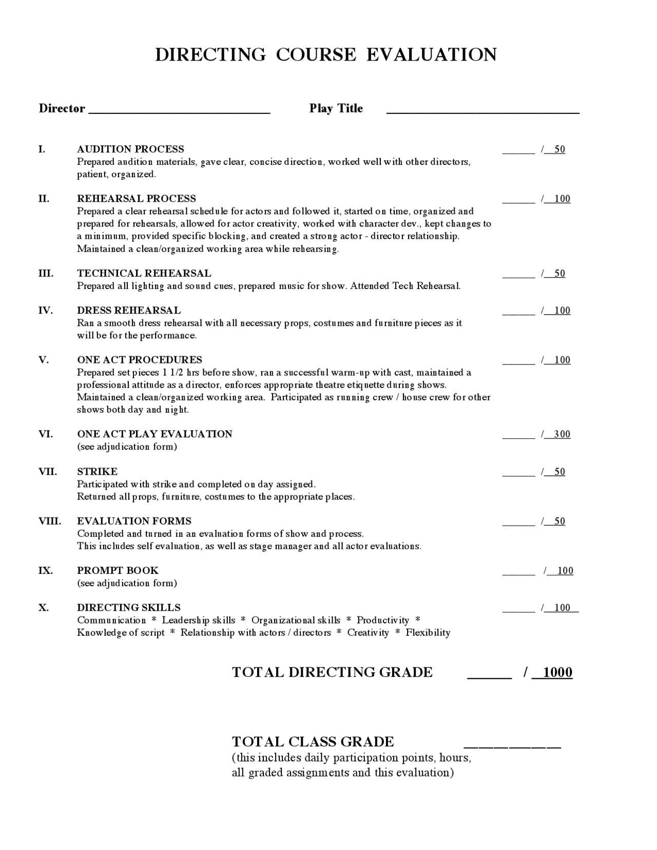 Evaluation of a Directing Course | Lecture notes Music | Docsity