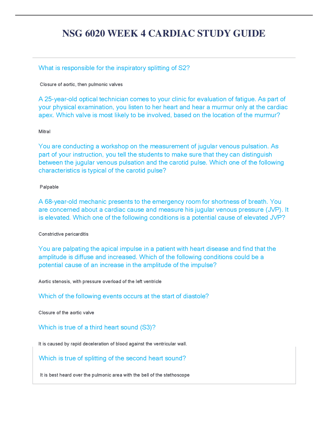 NSG 6020 WEEK 4 CARDIAC STUDY GUIDE | Exams Nursing | Docsity