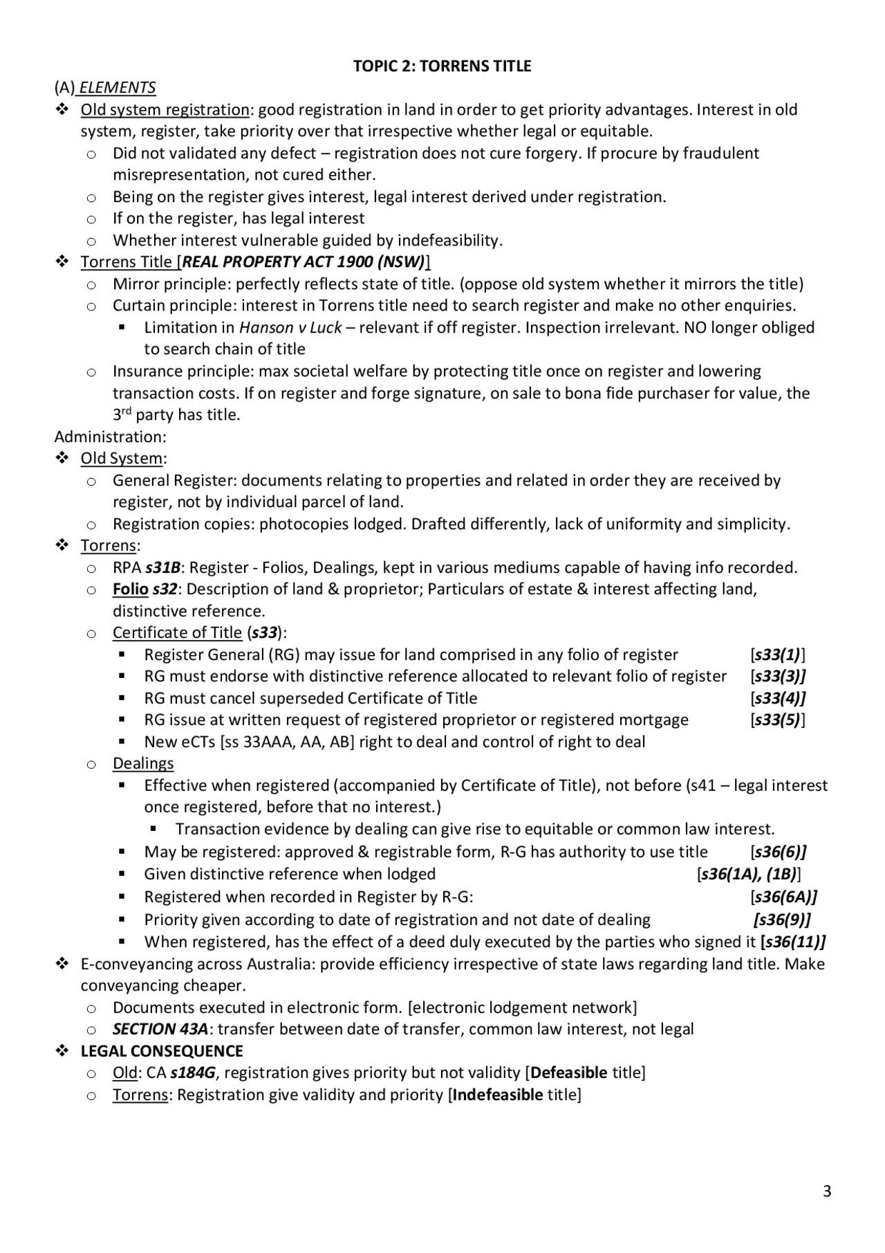 Torrens Title and Indefeasibility of Title | Exercises Law | Docsity