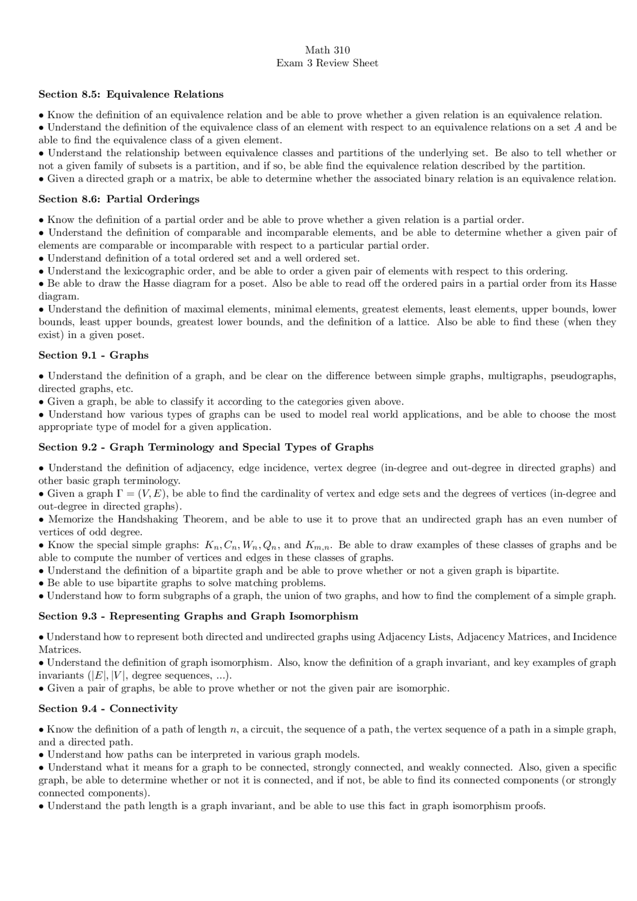 Math 310 Exam 3 Review Sheet | Lecture notes Pre-Calculus | Docsity