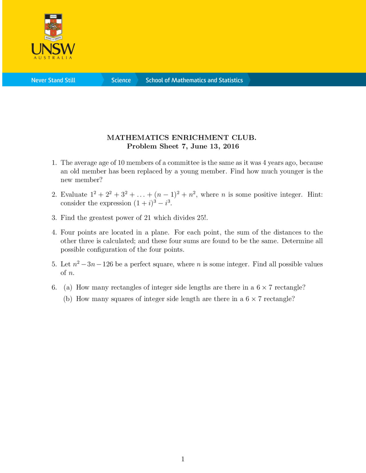 Mathematics Enrichment Club Problem Sheet 7 | Exams Mathematics | Docsity