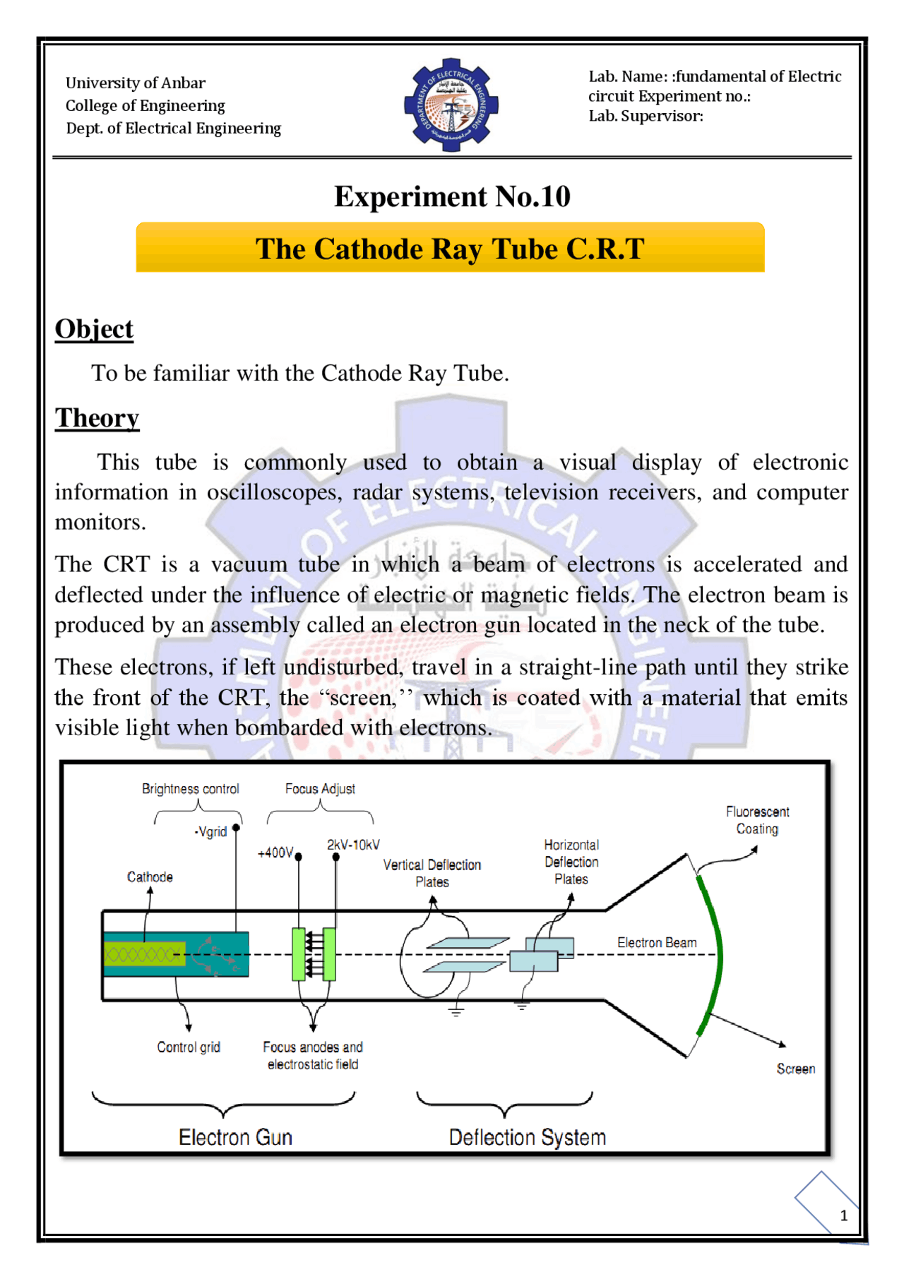 Experiment No10 The Cathode Ray Tube Crt Summaries Engineering