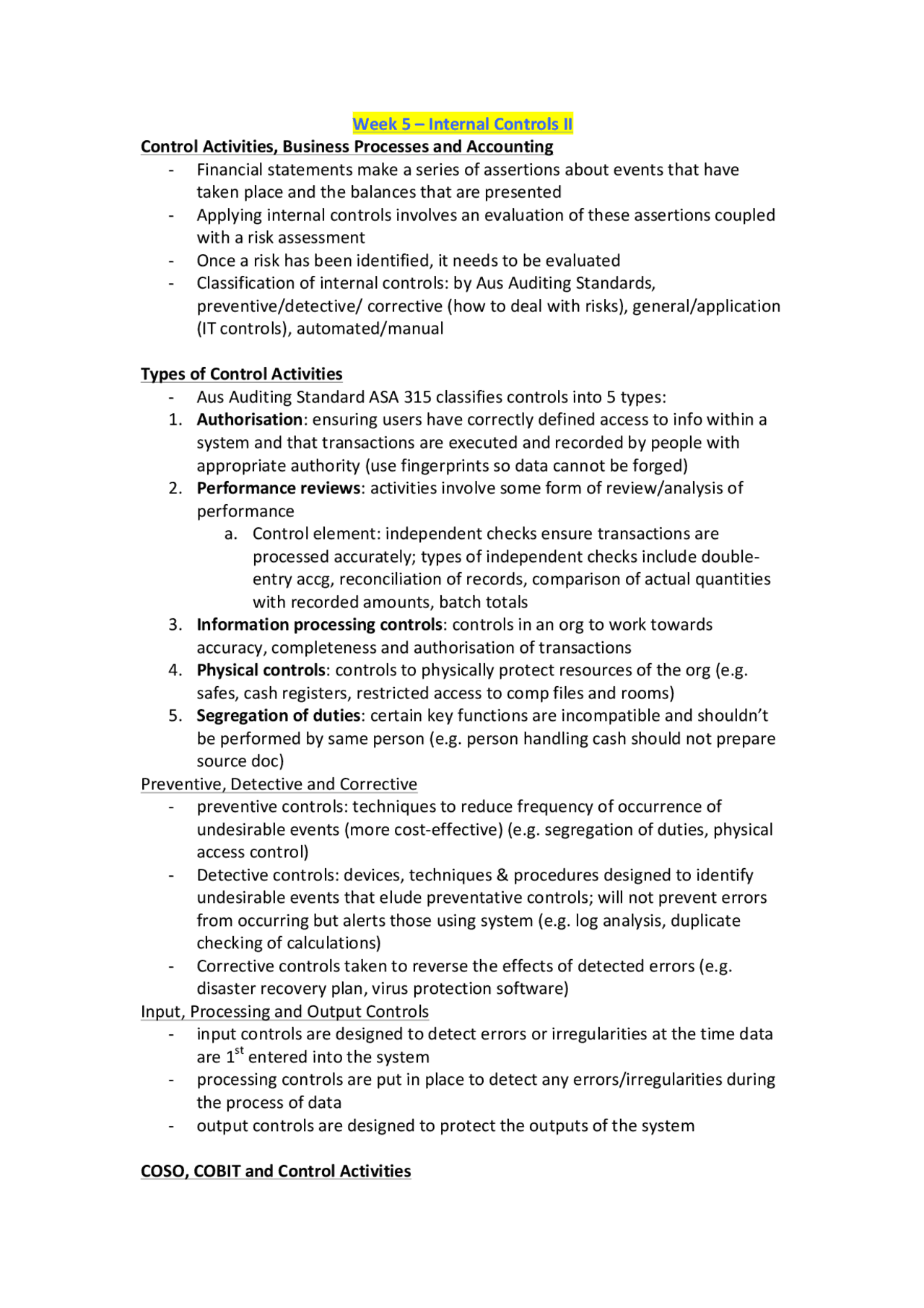 Internal Controls II: Control Activities, Business Processes and ...