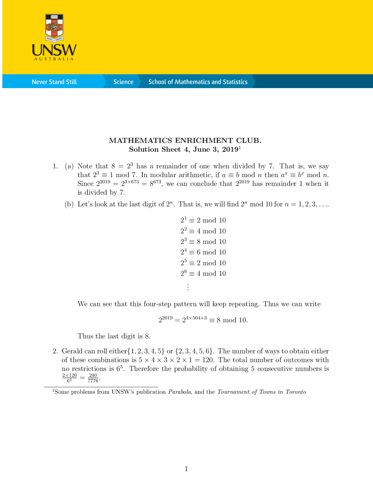 Mathematics Enrichment Club Solution Sheet 4 | Study notes Mathematics ...