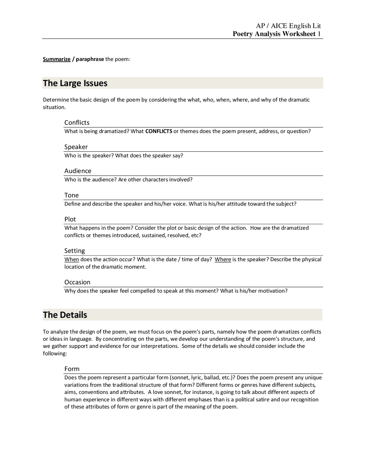AP / AICE English Lit Poetry Analysis Worksheet | Summaries Poetry ...
