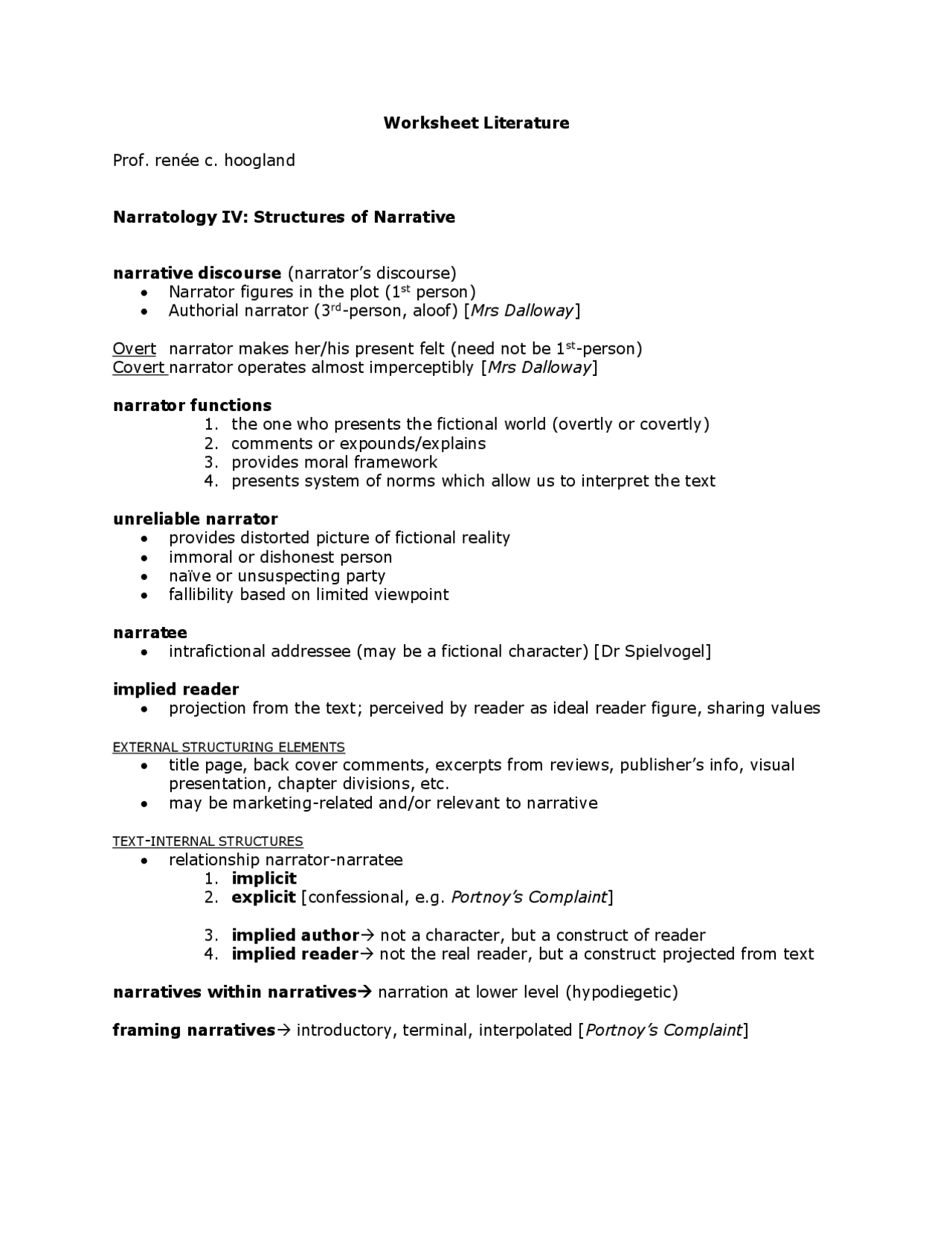 Narratology IV: Structures of Narrative | Exams Literature | Docsity
