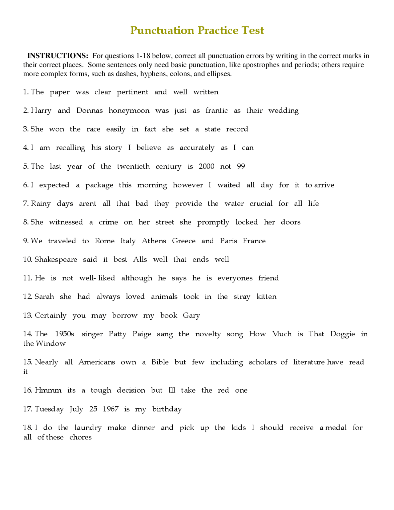 Punctuation Practice Test | Study notes English | Docsity