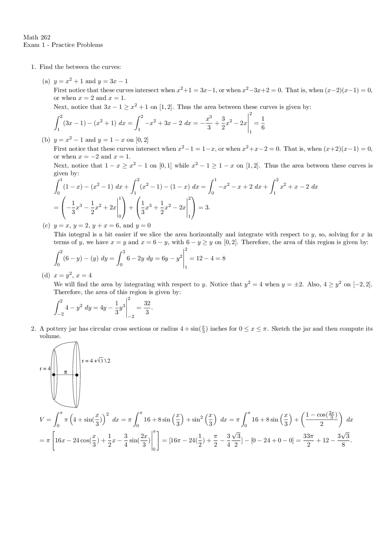 Practice Problems 1 Find The Between The Curves A Y X
