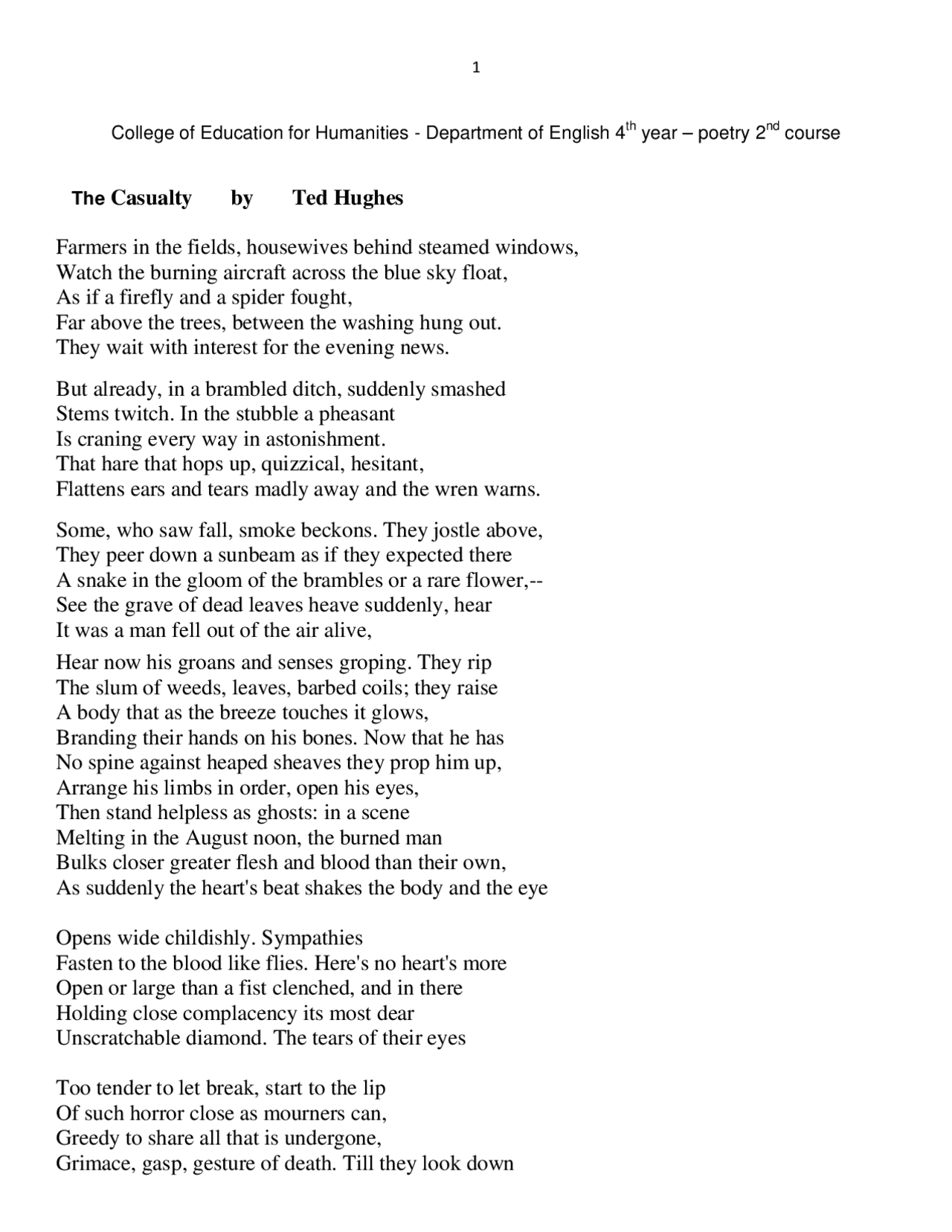 Ted Hughes and Post-War Poetry | Study notes Poetry | Docsity