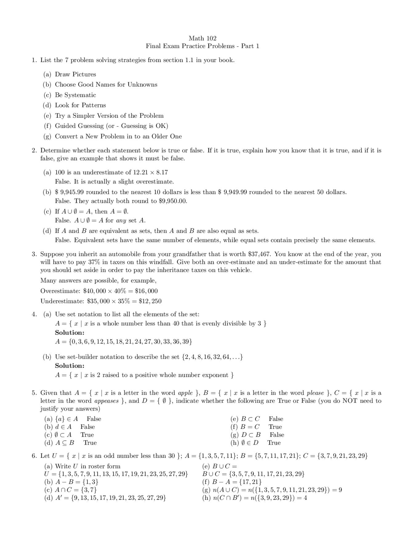 Math 102 Final Exam Practice Problems - Part 1 | Exams Law | Docsity