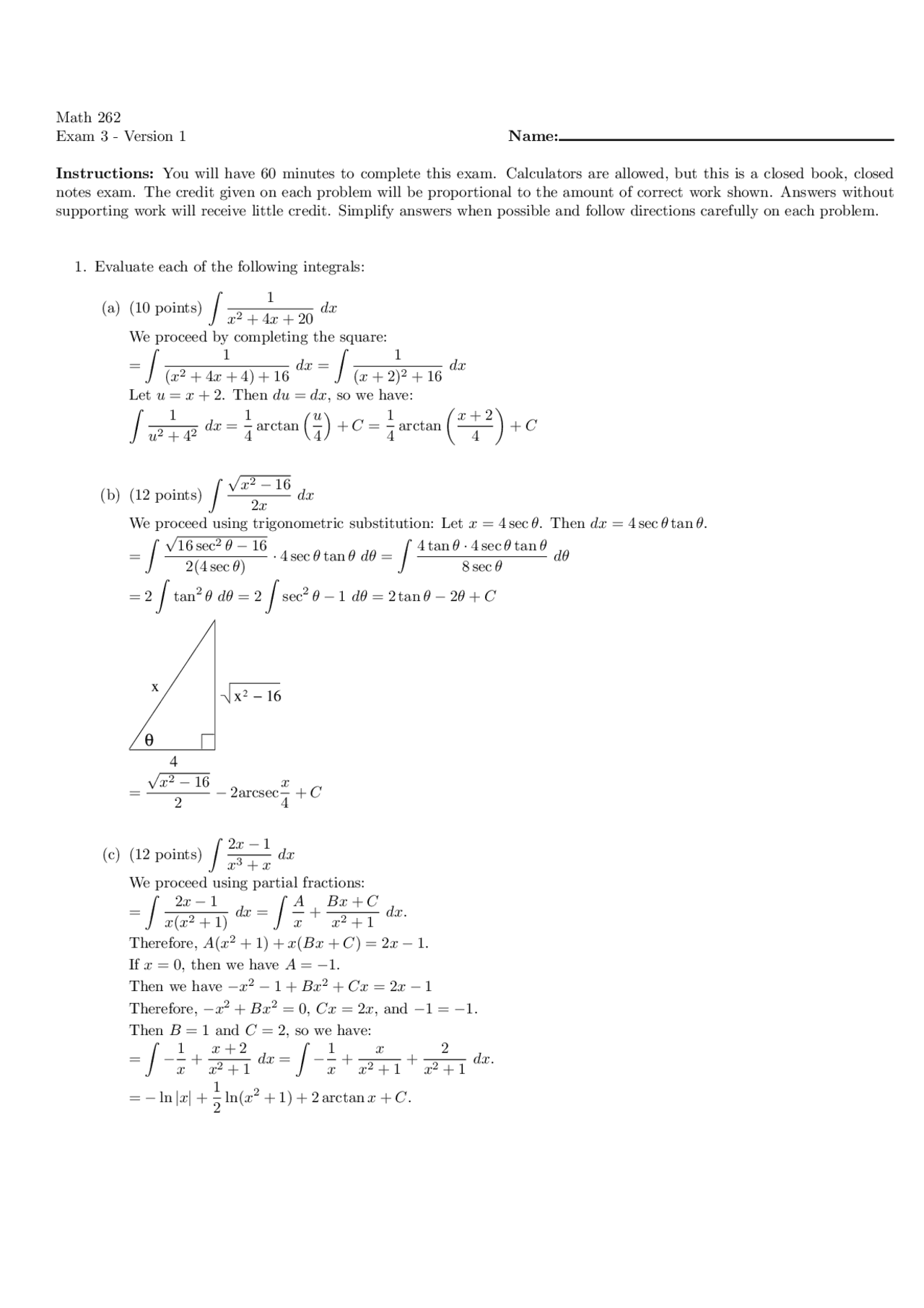 Math 262 Exam 3 - Version 1 | Slides Calculus | Docsity