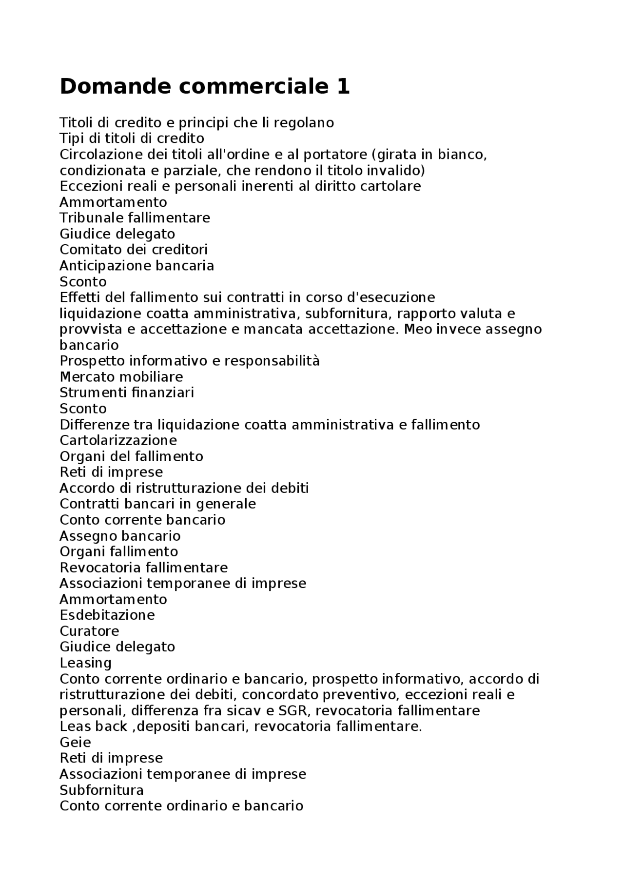 Domande commerciale 1 | Schemi e mappe concettuali di Diritto Commerciale | Docsity