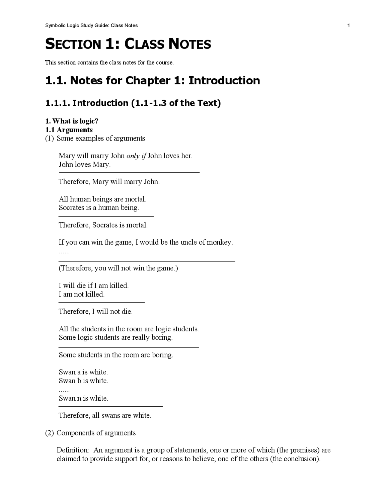 Section 1 Class Notes Exercises Logic Docsity