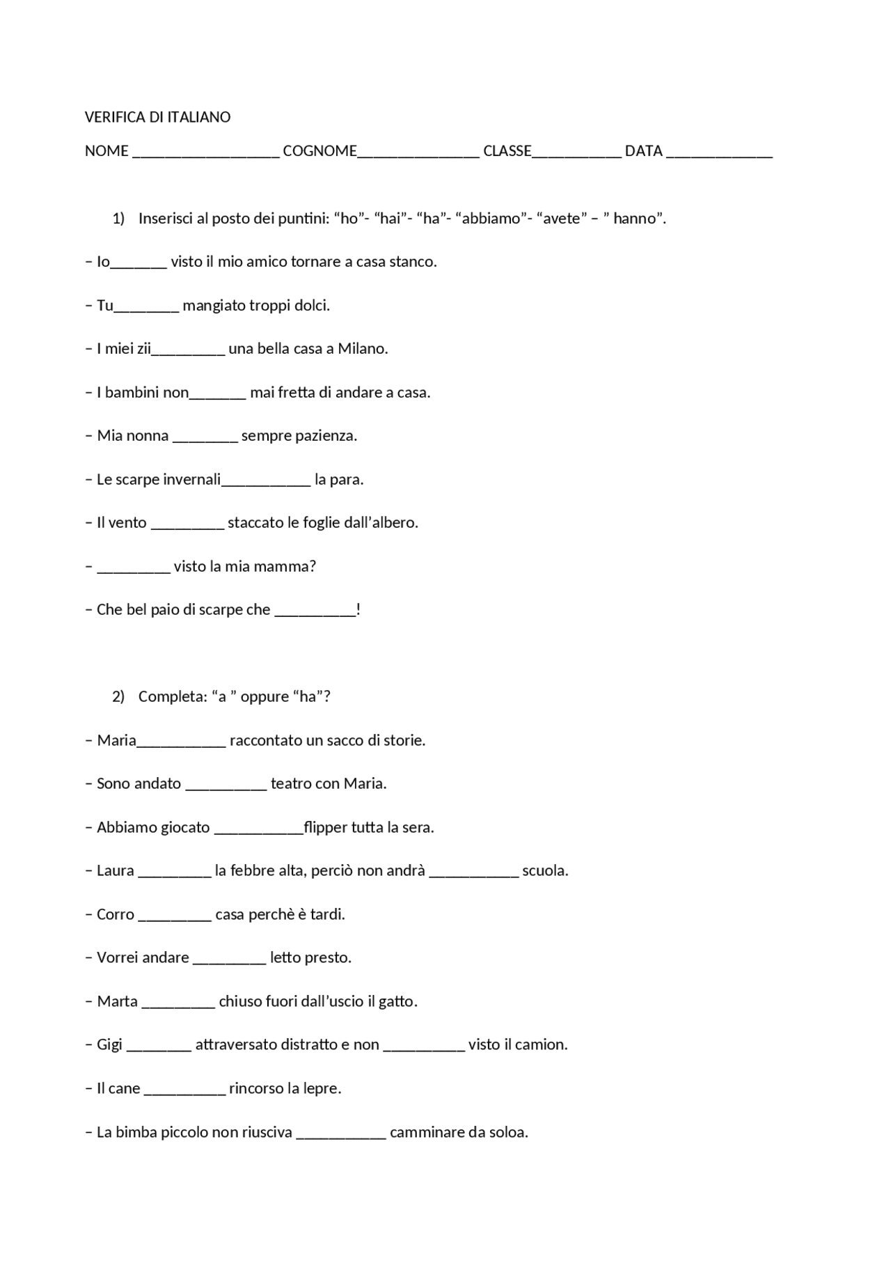 Verifica di italiano semplificata prima superiore | Esercizi di ...