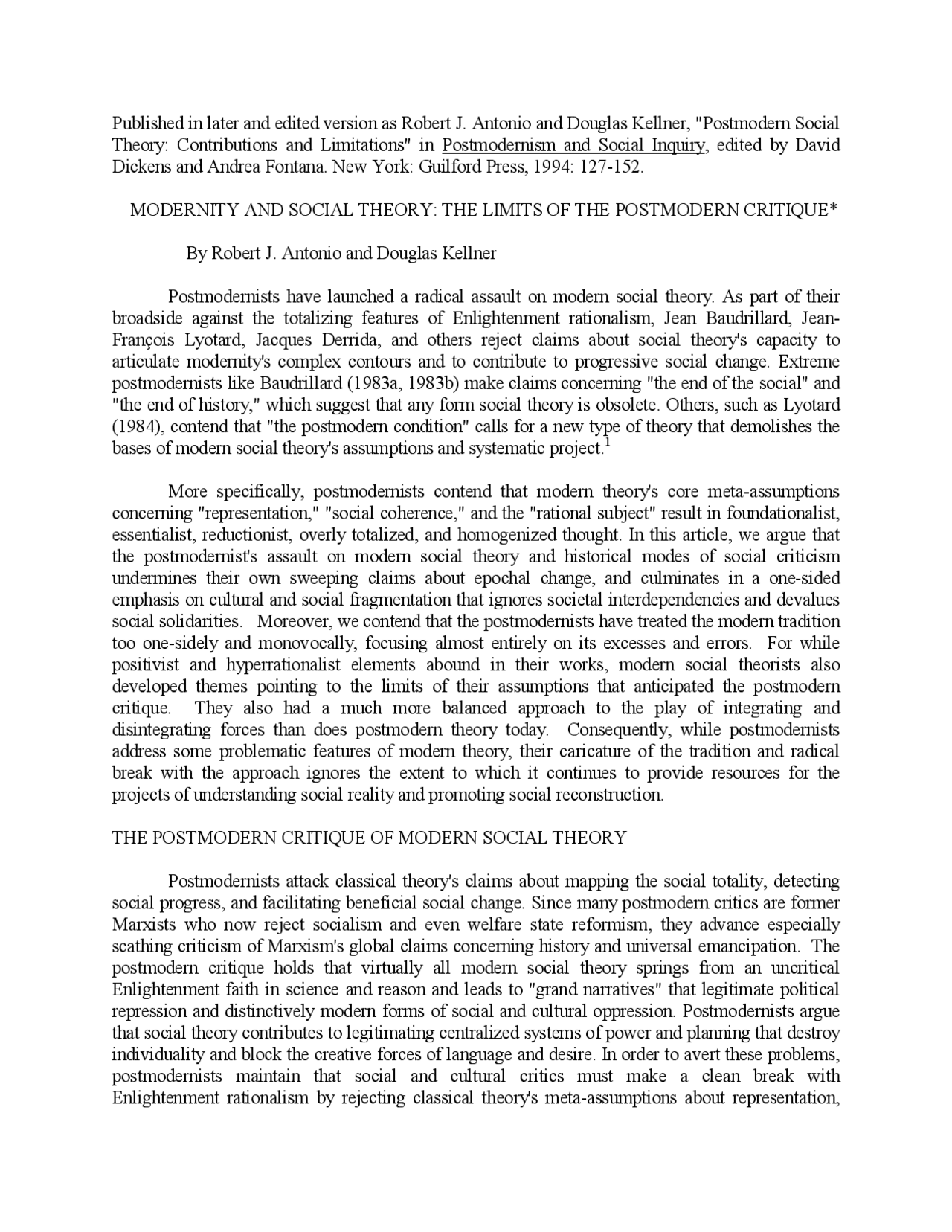 Modernity and Social Theory: The Limits of the Postmodern Critique ...